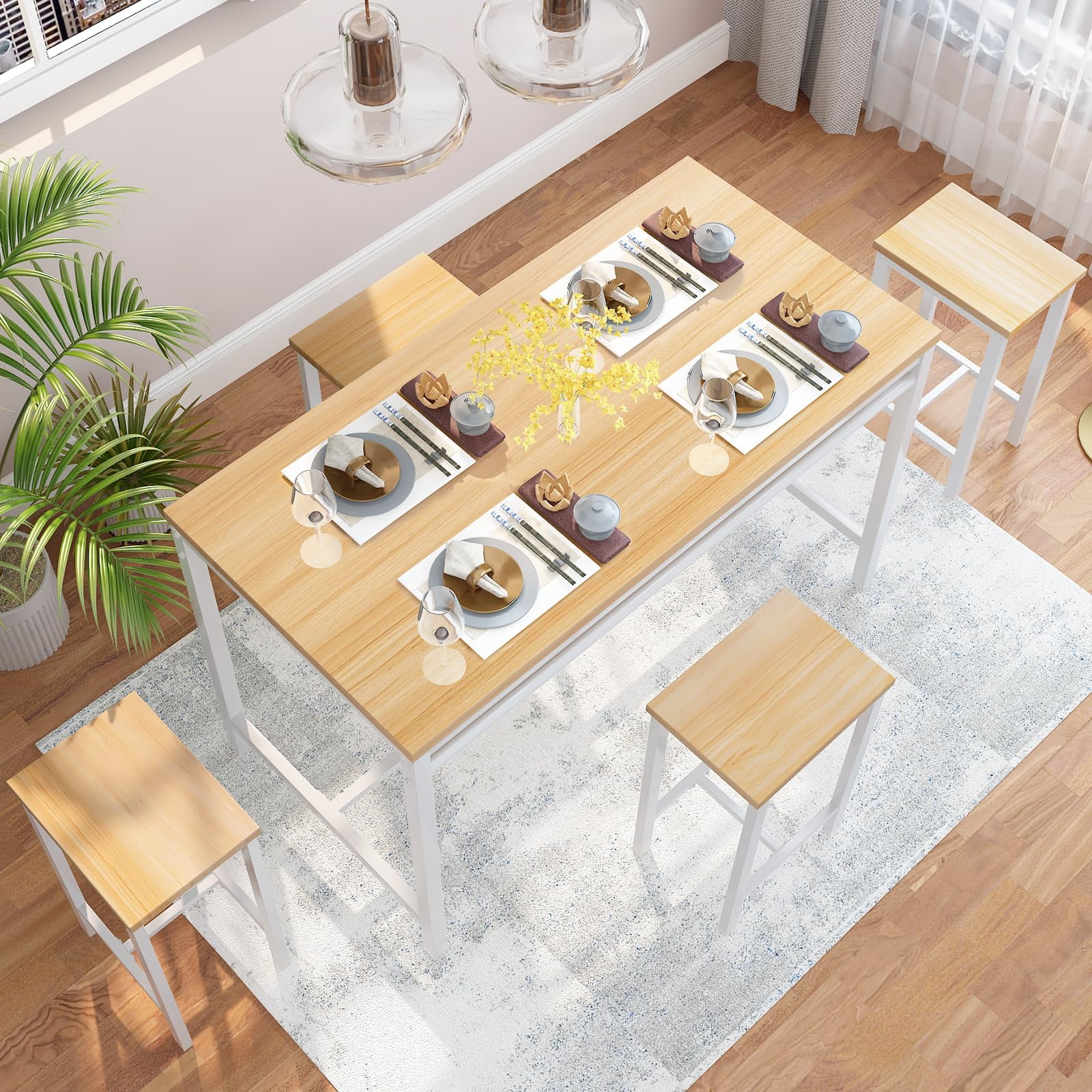 furlinkhm 5 Pieces Dining Table Set for 4,Beige Bar Table Set with 4 ...