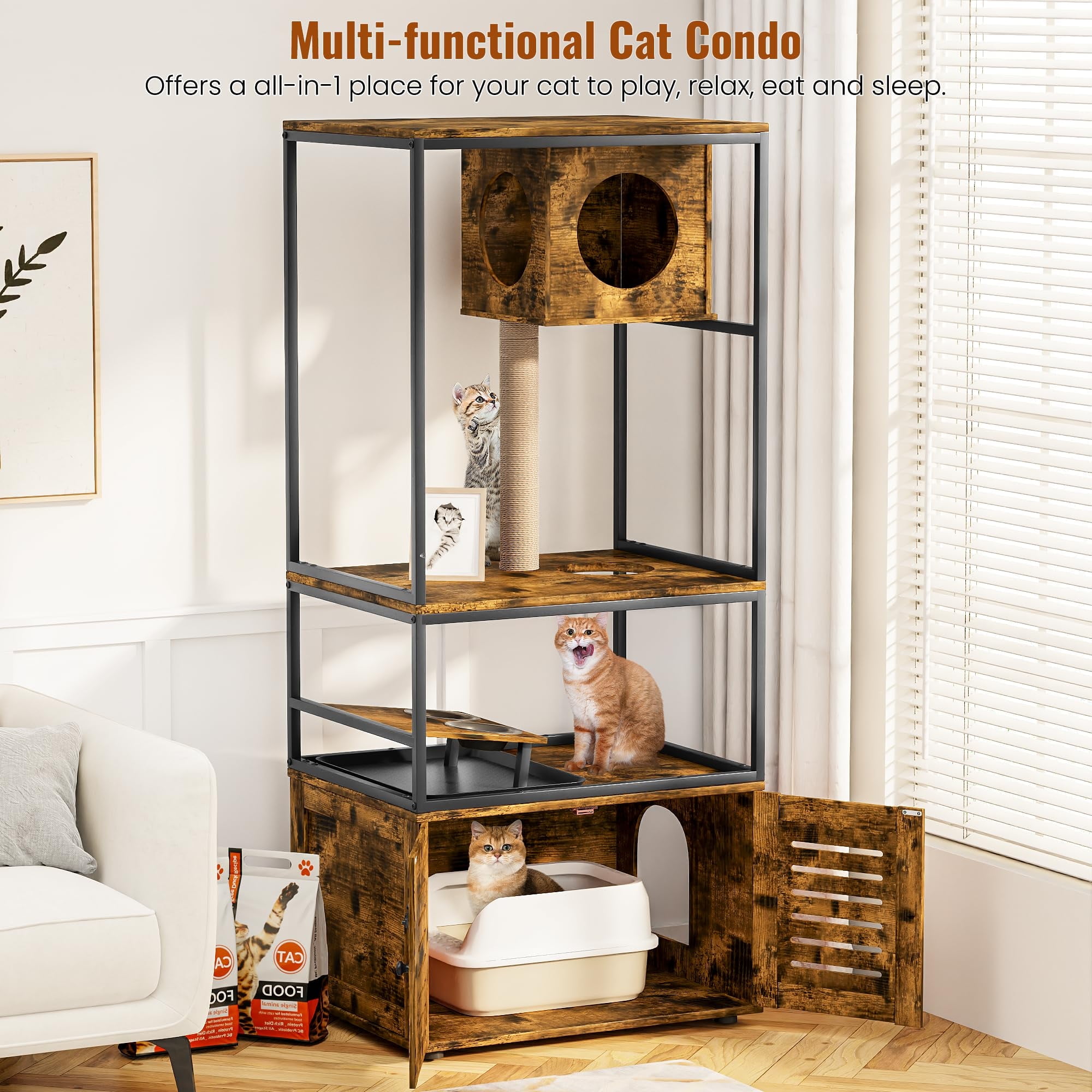 furlinkhm Cat Tree with Litter Box Enclosure, All-in-1 Large Cat Litter ...