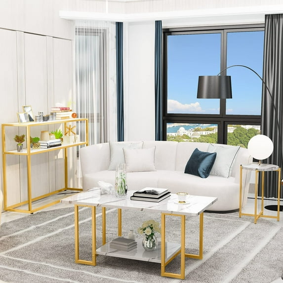 furlinkhm Coffee Table Set of 3, Modern Living Room Table Set with Gold ...