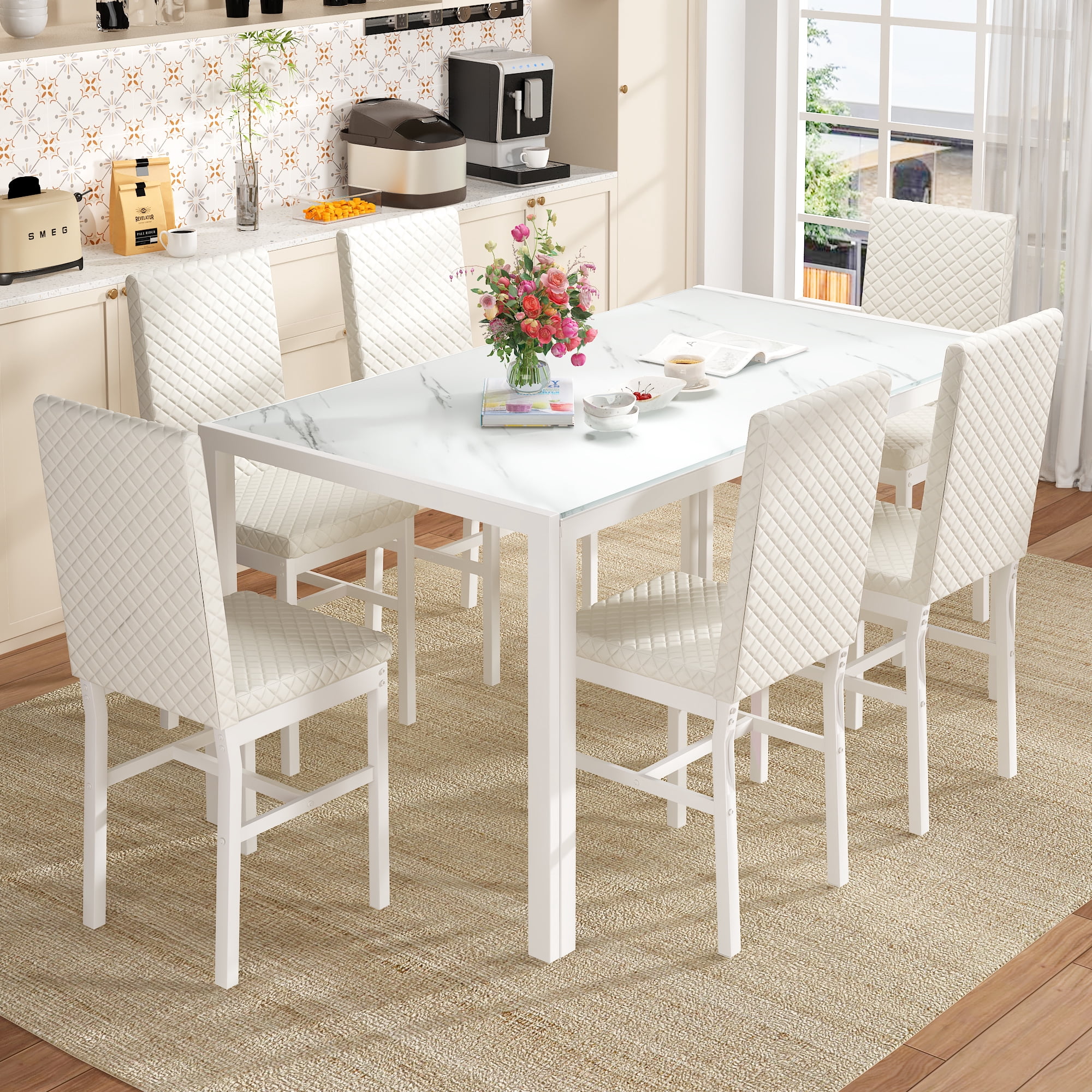 furlinkhm Dining Table Set for 6 Modern Farmhouse, Glass and Faux ...