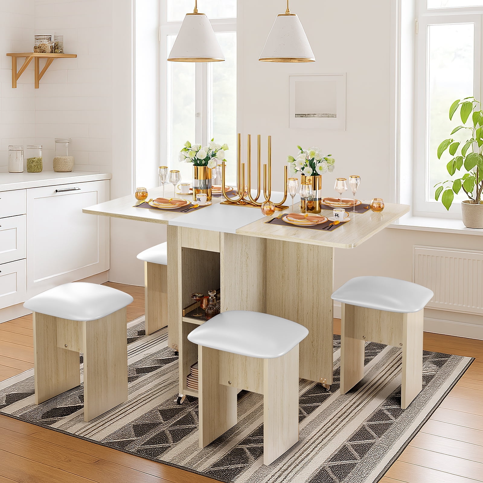 furlinkhm Folding Dining Table Set for 4, Dinner Table with 4 Leather ...