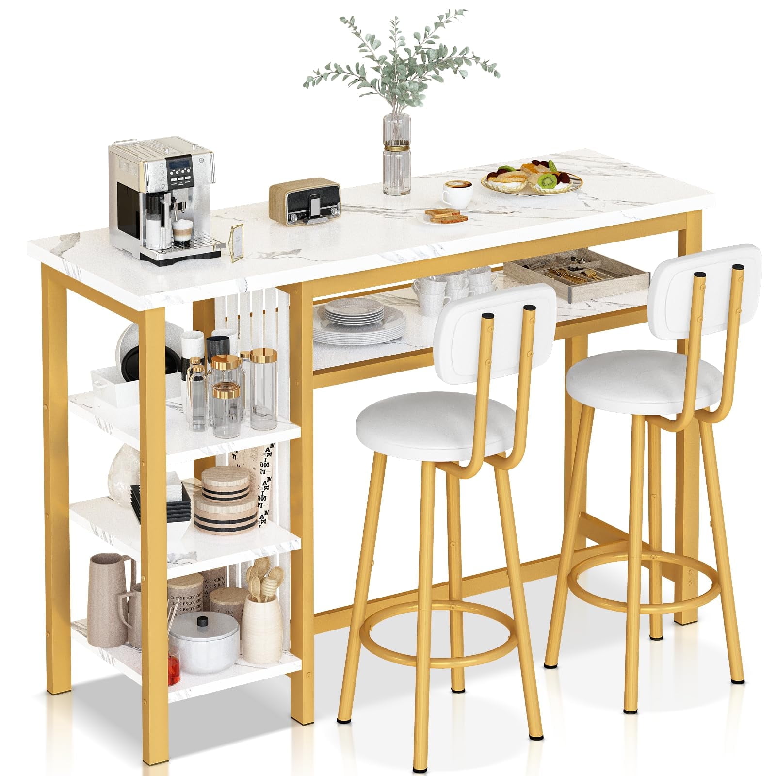 furlinkhm Furniture Kitchen Bar Height Table and Chairs for 2, 5-Tier ...