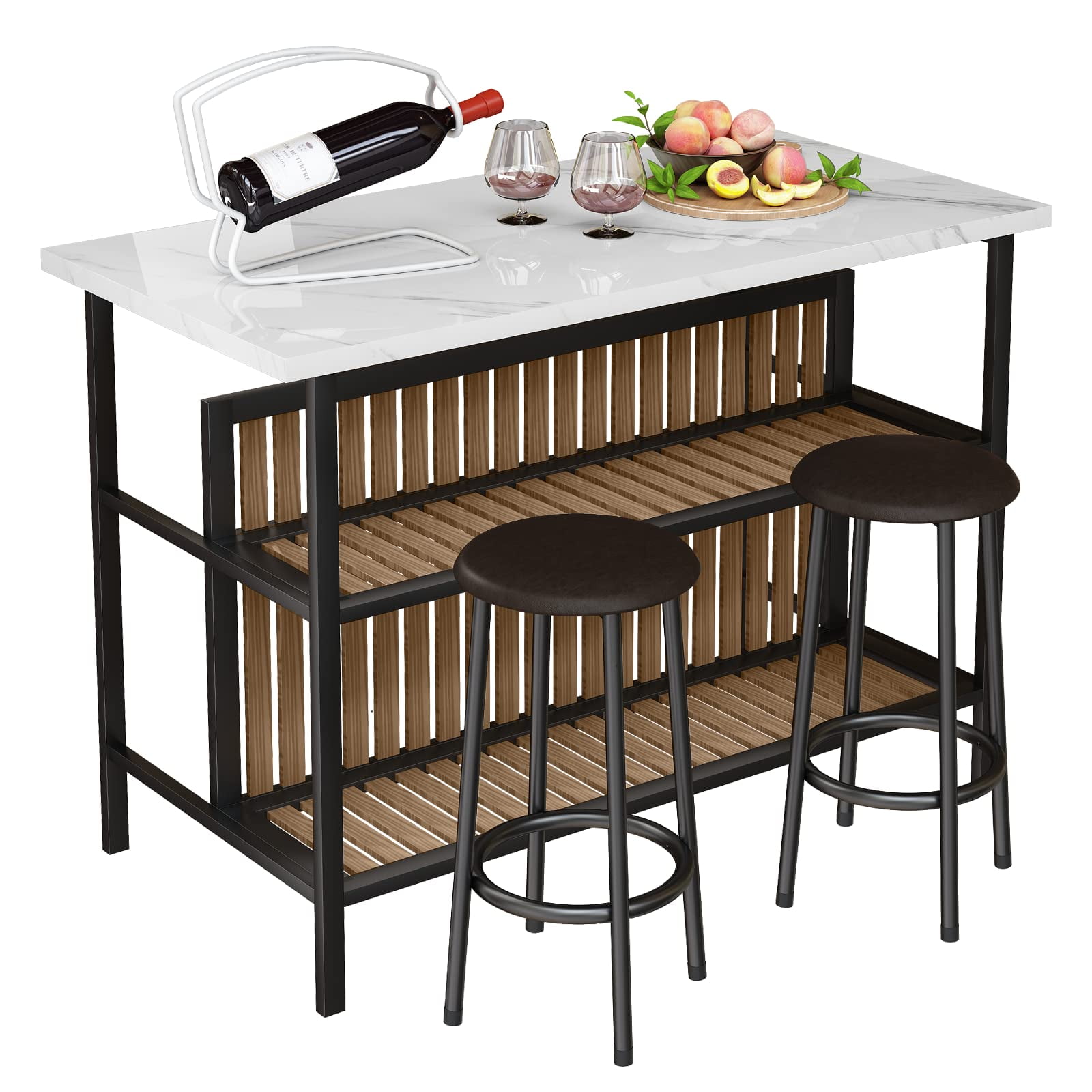 furlinkhm Kitchen Island with Seating & Storage Shelf, Faux Marble ...