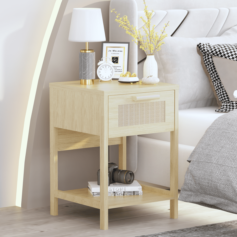 furlinkhm Nightstand, Rattan End Table, Side Table with Rattan Drawer and Opening Shelf, Wood ...