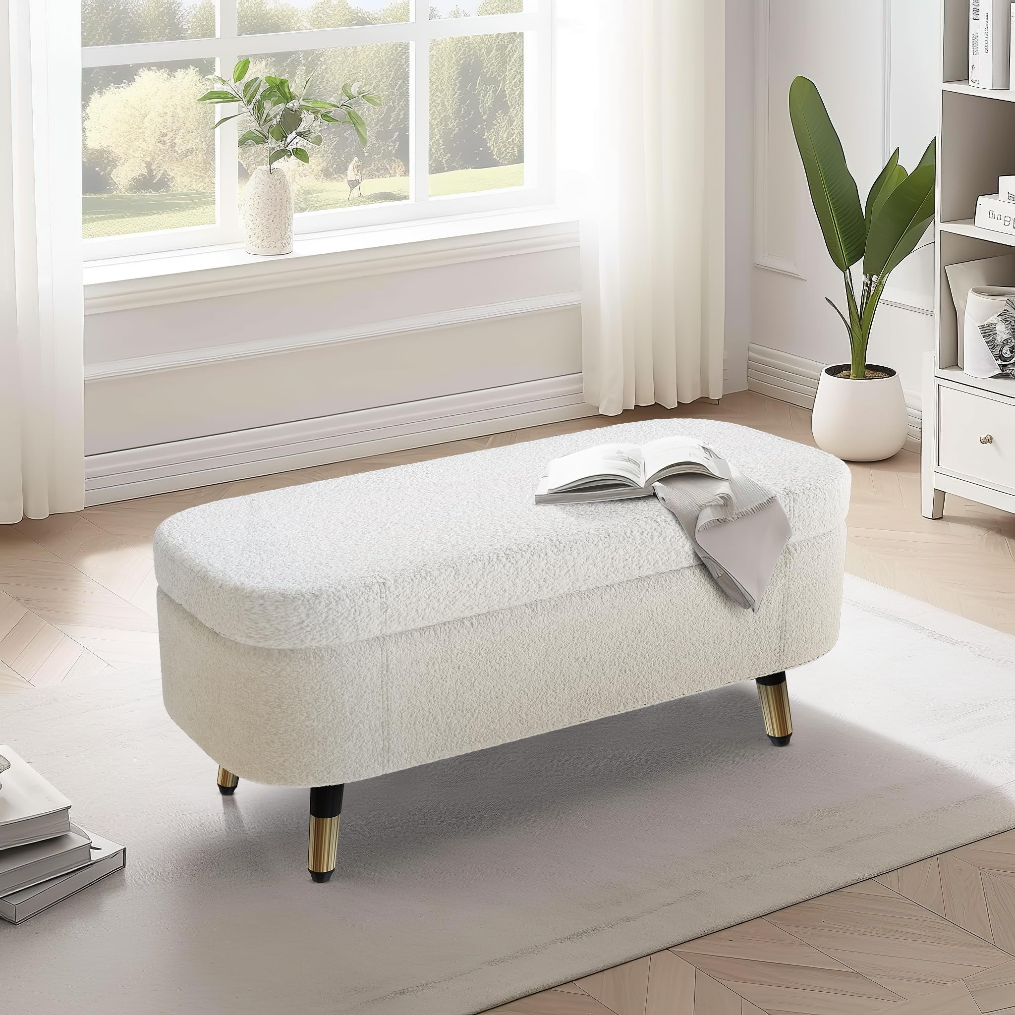furlinkhm Upholstered Storage Ottoman, 37 Inch Oval Storage Ottoman for ...