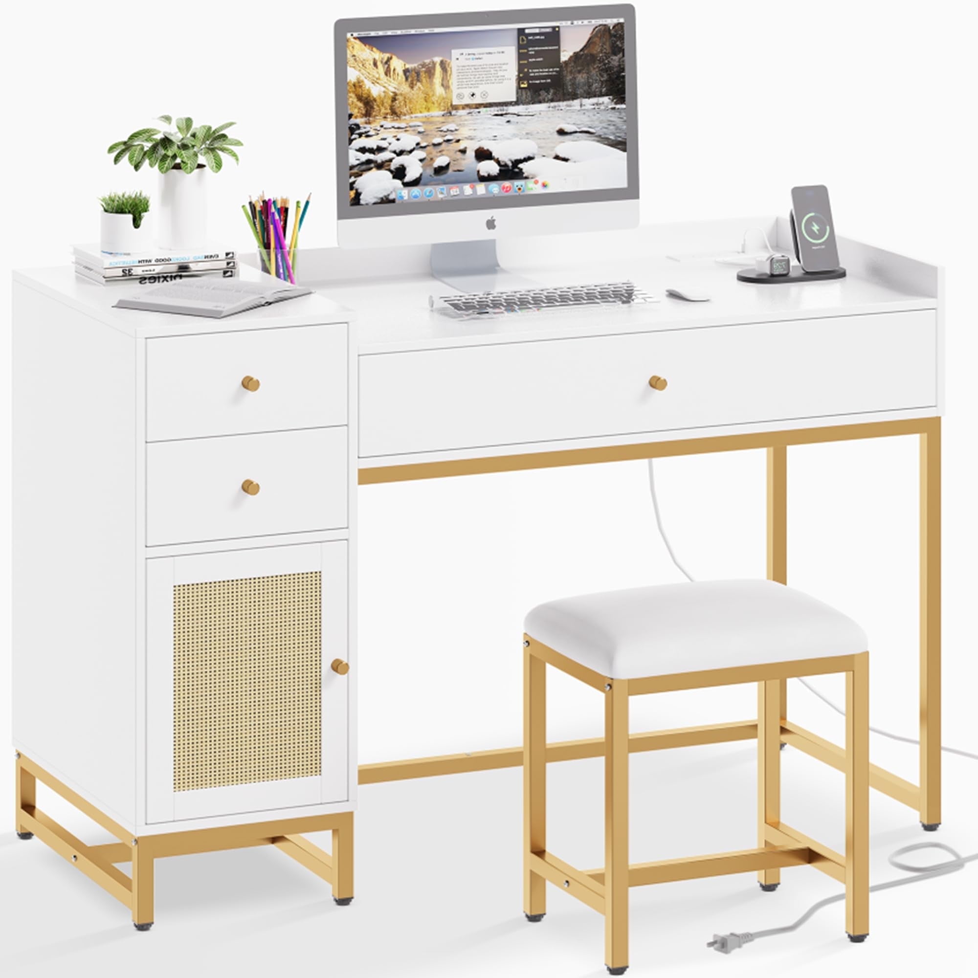 furlinkhm Computer Desk and Chair Set, White and Gold Desk with 3 ...