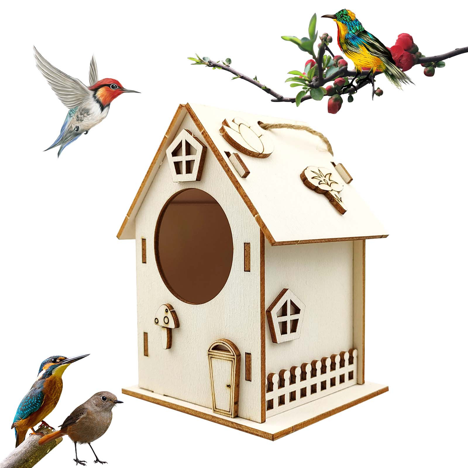 Wooden Bird House,Bird Cage,4Pcs Mini Outdoor Hanging Wooden Bird House ...