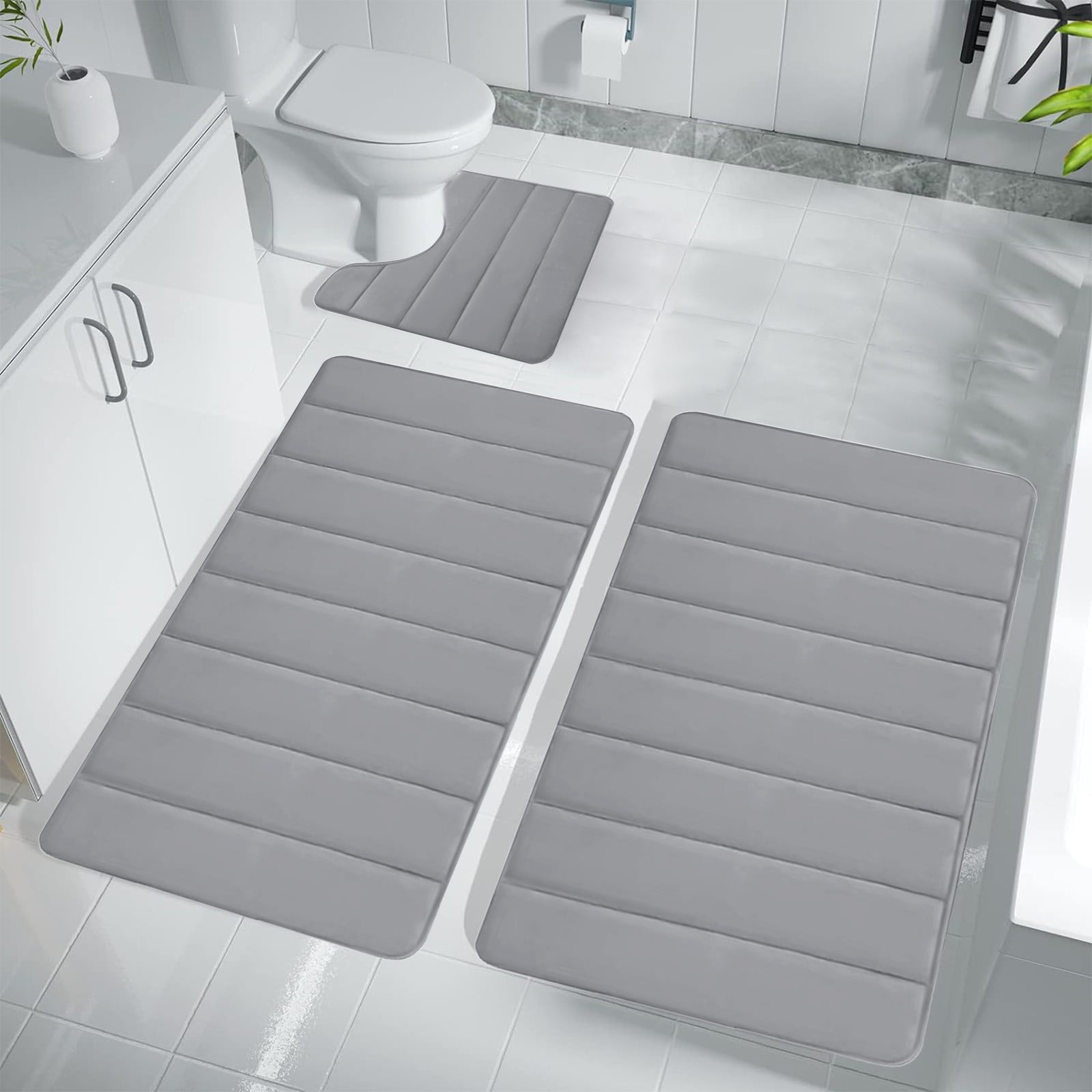 fuyuli Adult Bathroom Rugs Sets of 3 Gray Bathroom Rugs and Mats Memory ...