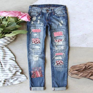 FARYSAYS Women's High Waist Ripped Boyfriend Jeans with Floral Patches ...