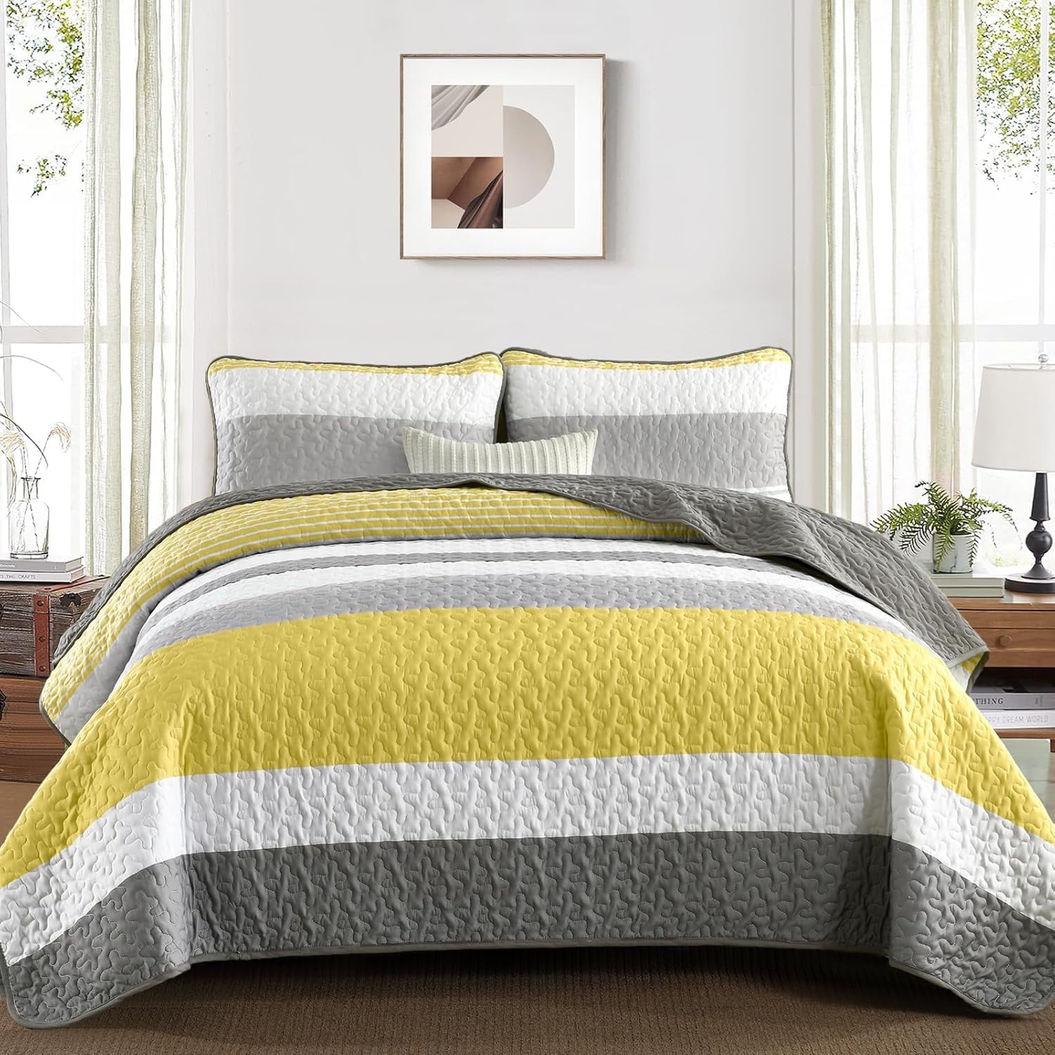 dxynlzq Boho Quilt Set California King Size Yellow Gray Bedspread ...