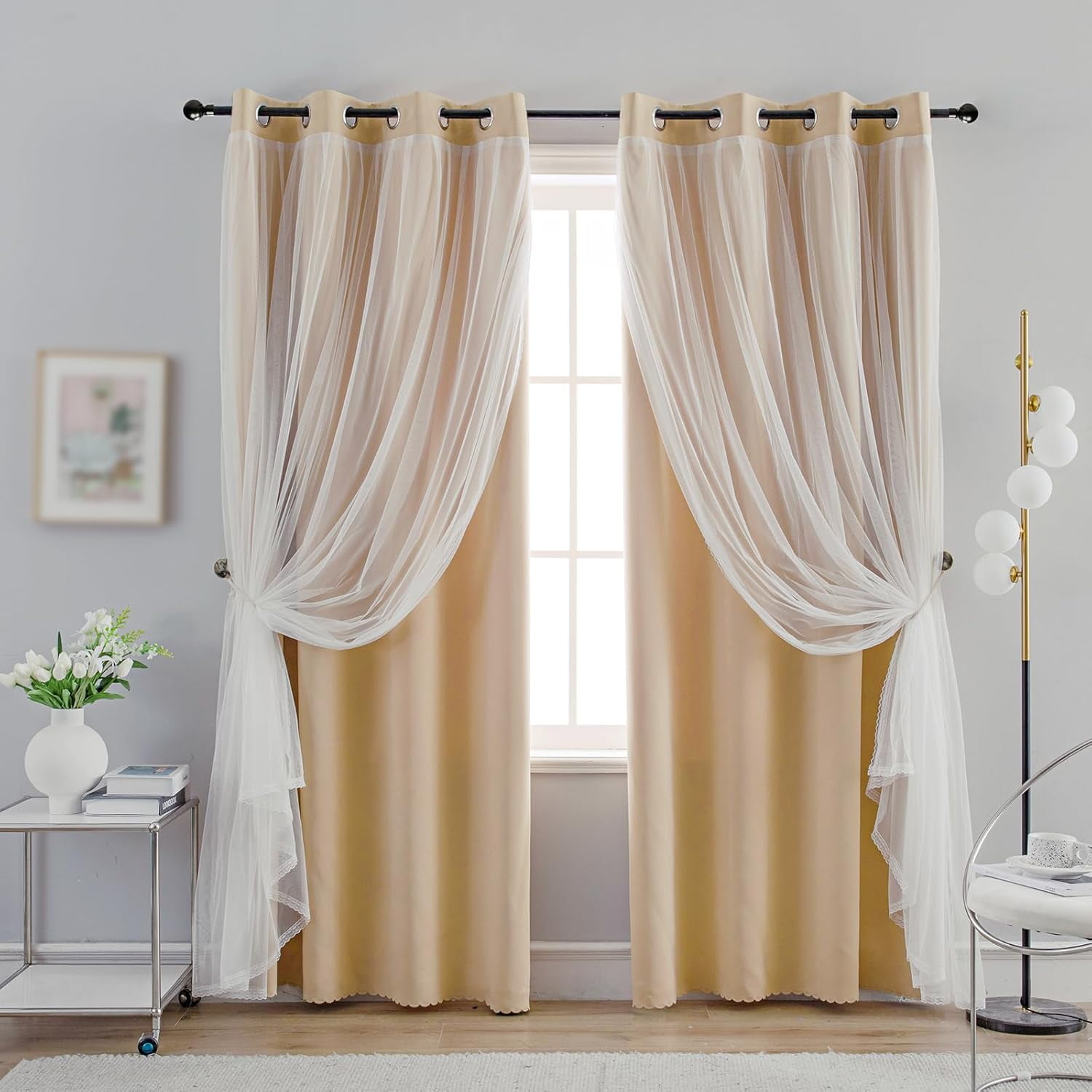 fyigbion Curtains Blackout and Sheer Layered Solid Window Curtain Panel ...