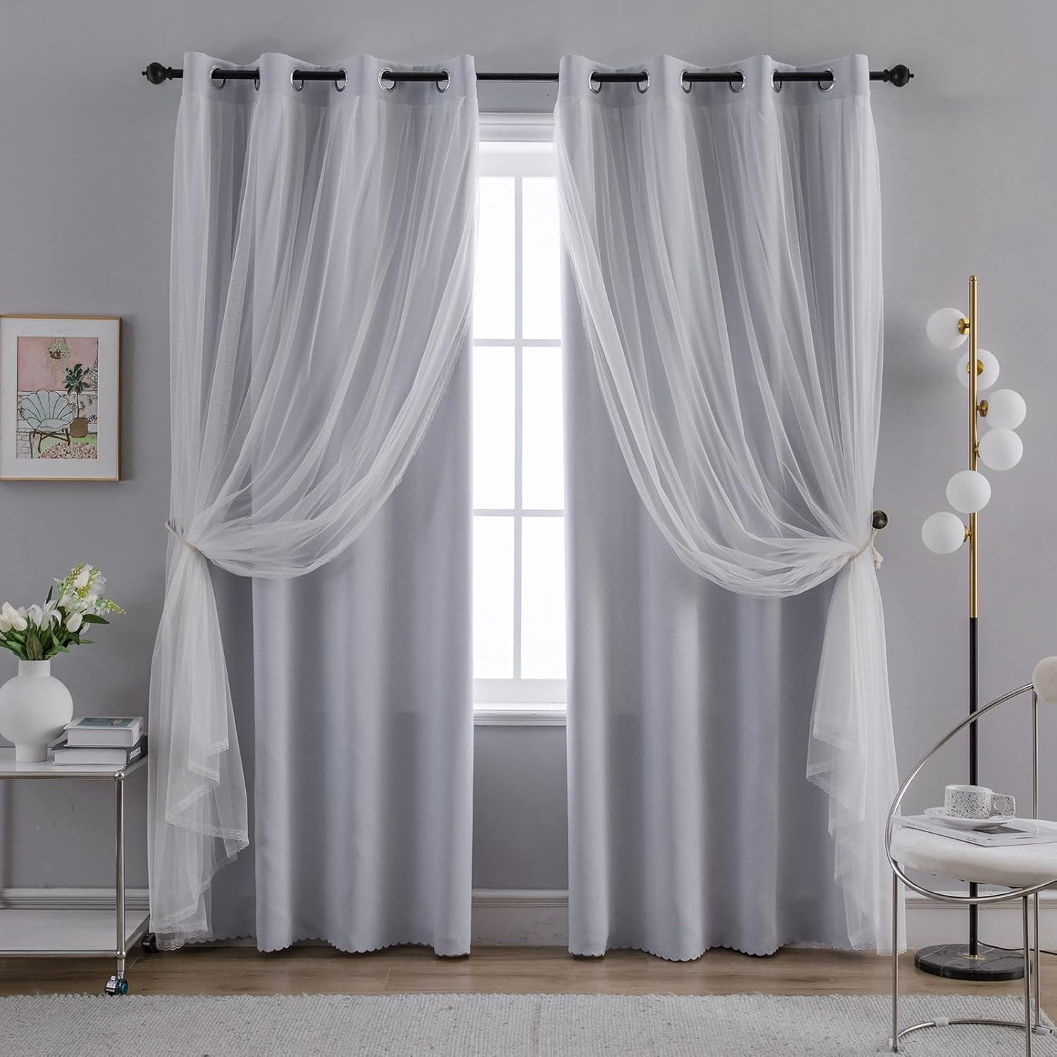 fyigbion Curtains Blackout and Sheer Layered Solid Window Curtain Panel ...