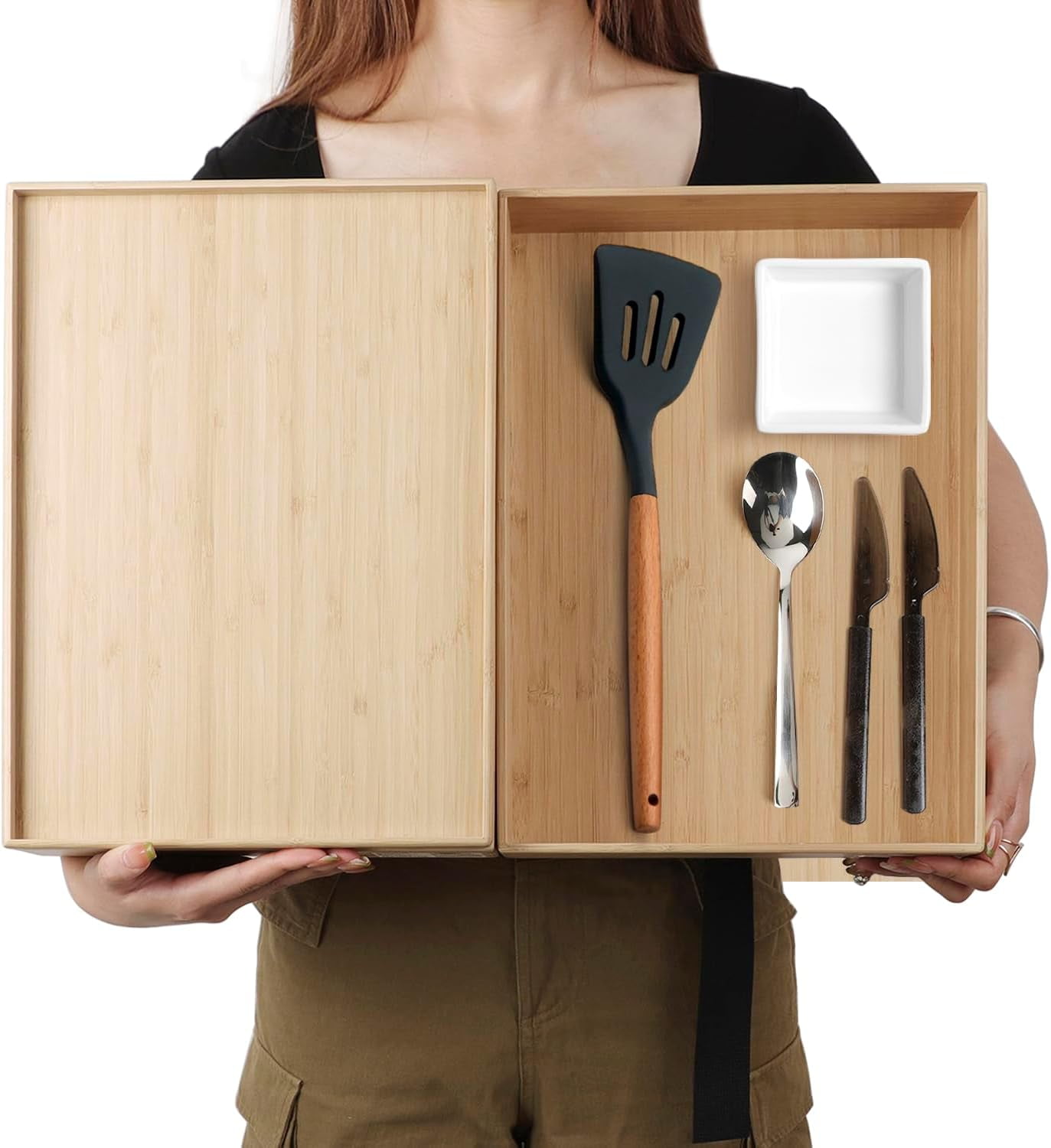 fyigbion Stack Bamboo Drawer Organizer Kitchen Utensil Flatware ...