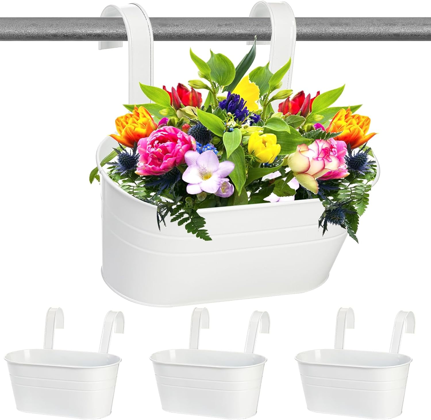 g 4 Pack Hanging Flower Pots, Metal Iron Plant Pot Holders, Large Fence ...