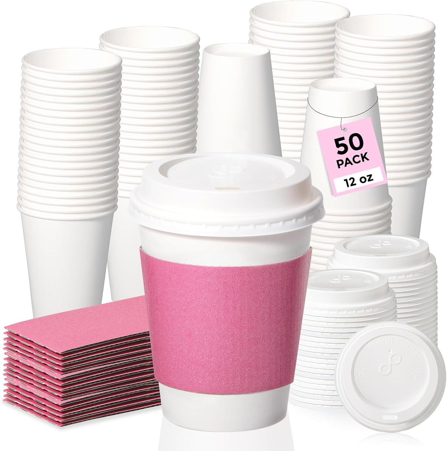 g 50 Pack 12 oz Disposable Coffee Cups With Lids and Pink Sleeves, Lead ...