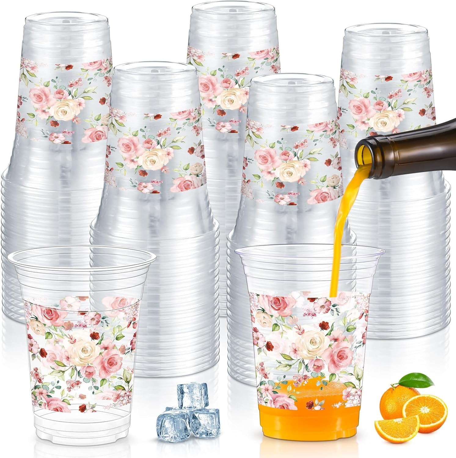 g 60 Pcs Floral Plastic Cups 16 oz Spring Wedding Flower Cups Bulk ...