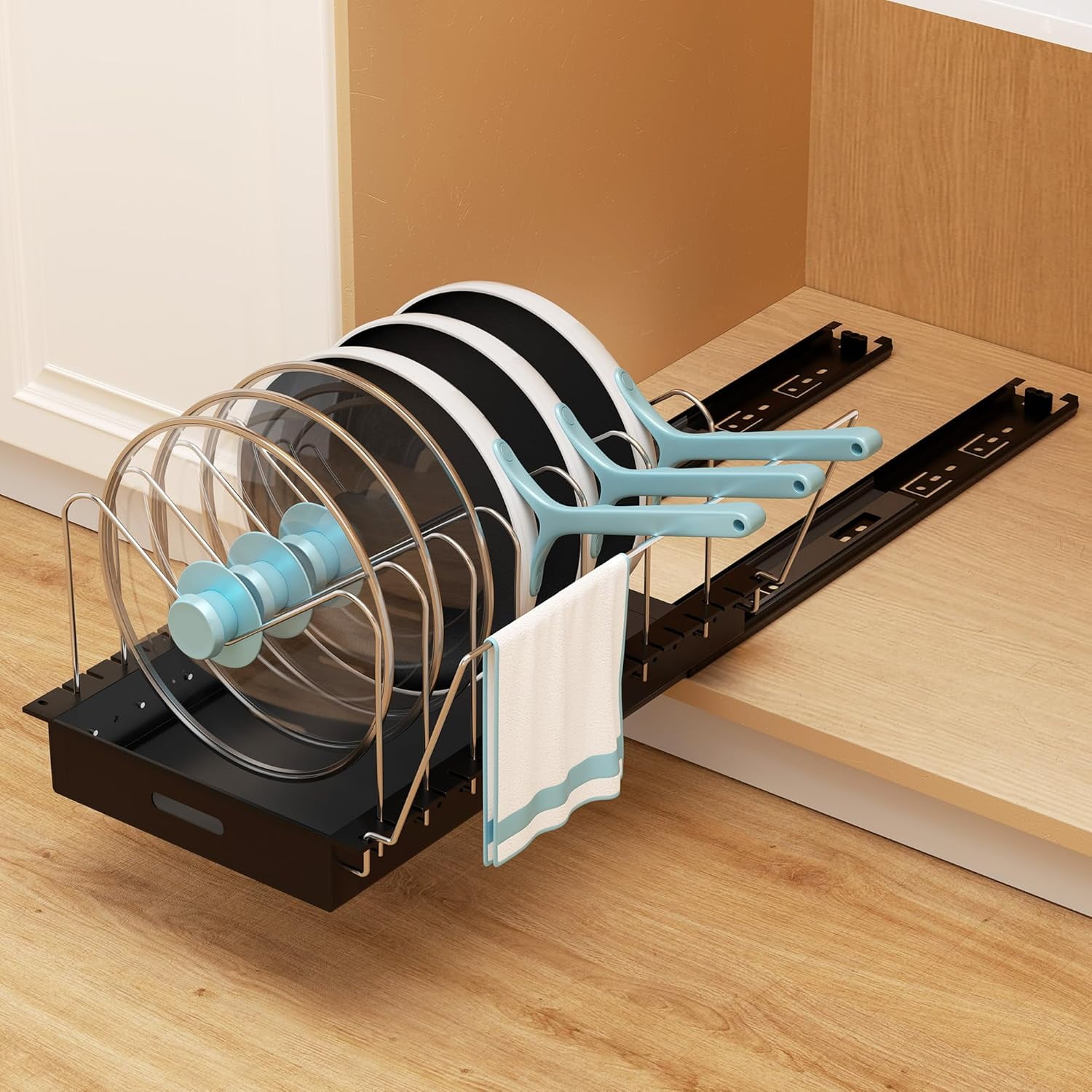 g Pots and Pans Organizer Under Cabinet - Slide-Out Pan Holder with ...