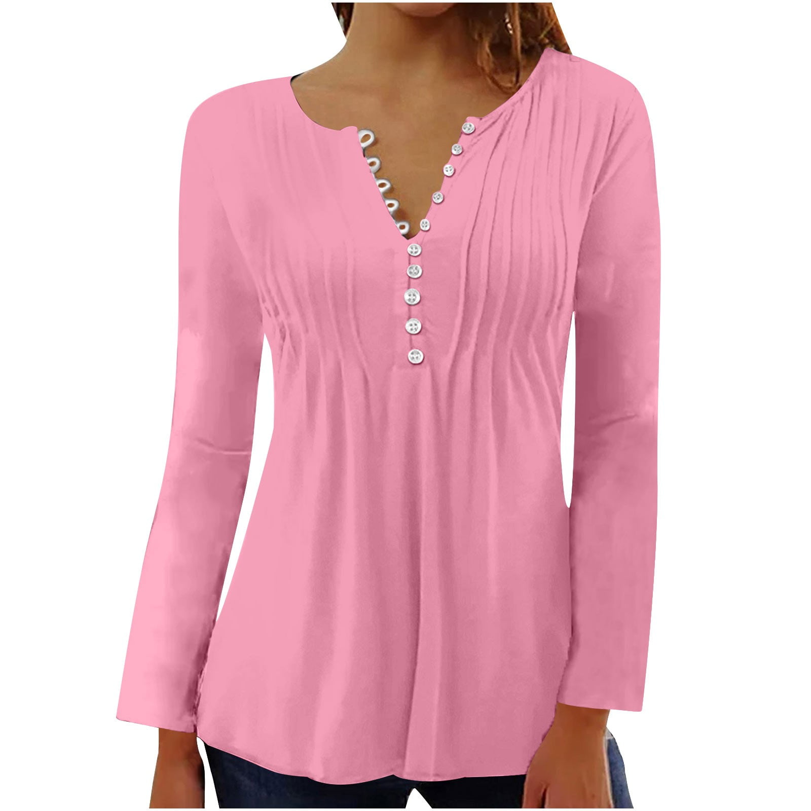 gakvbuo Buttons Up Tunic Tops For Women Long Sleeve V-Neck Pleated ...