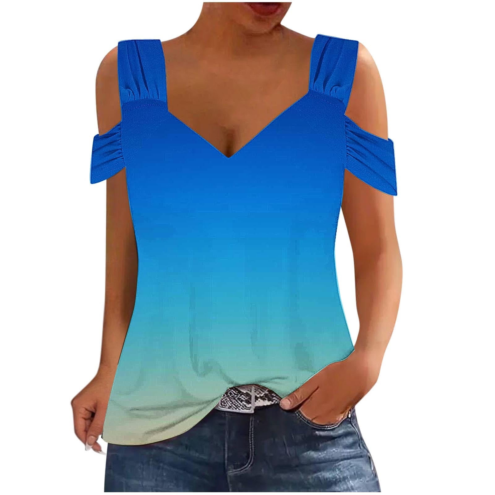 gakvbuo Cold Shoulder Tops For Women Summer Blouses Tunics Tops Fashion Women's-neck Fold ...