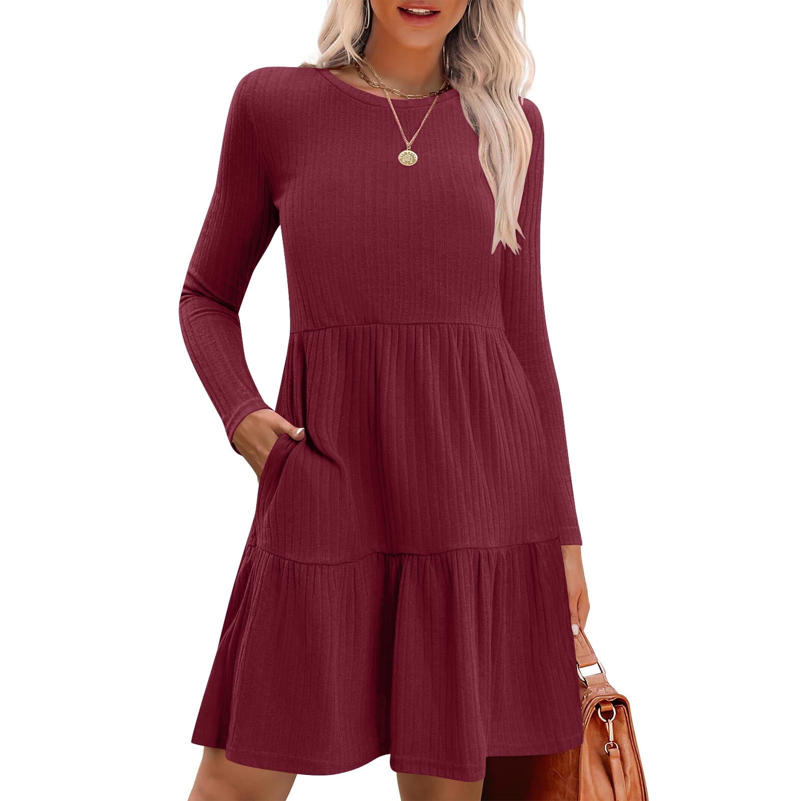 gakvbuo Fall Dresses For Women 2024 Babydoll Knit Sweater Dress With ...