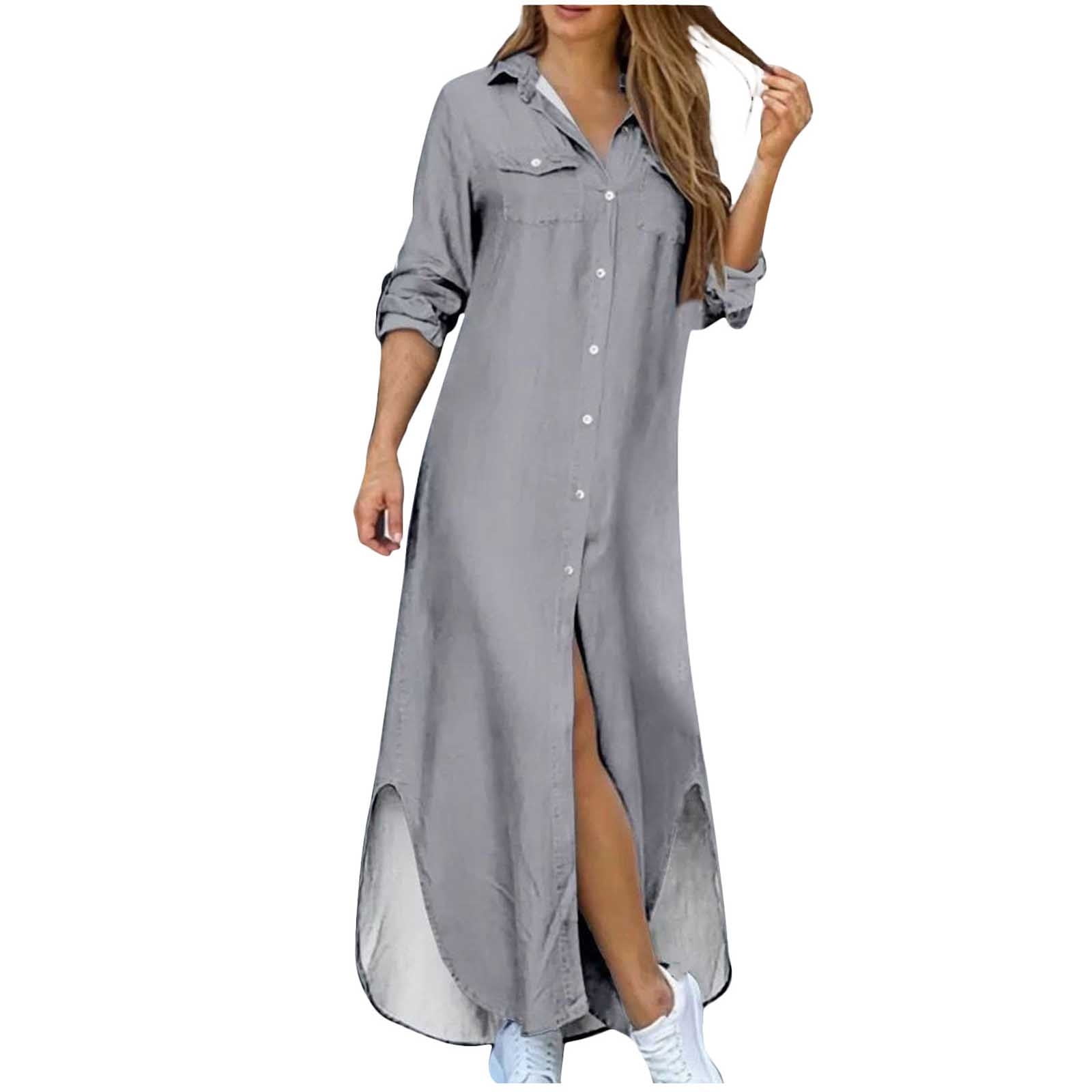 gakvbuo Maxi Dress For Women Turndown Collar Summer Dress Side Split ...