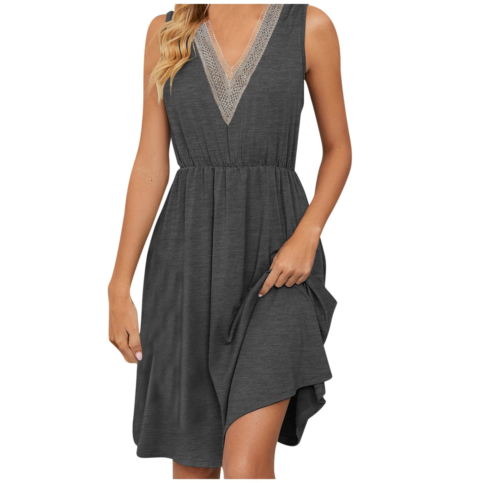 gakvbuo Mini Dress For Women Women Lace V Neck Tunic Dress Casual ...