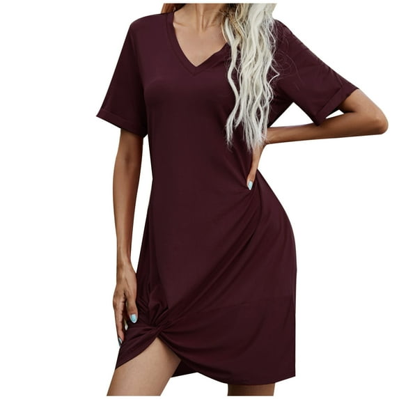 gakvbuo Summer Dress For Women Casual Mini Dress T-Shirt Dress Solid ...