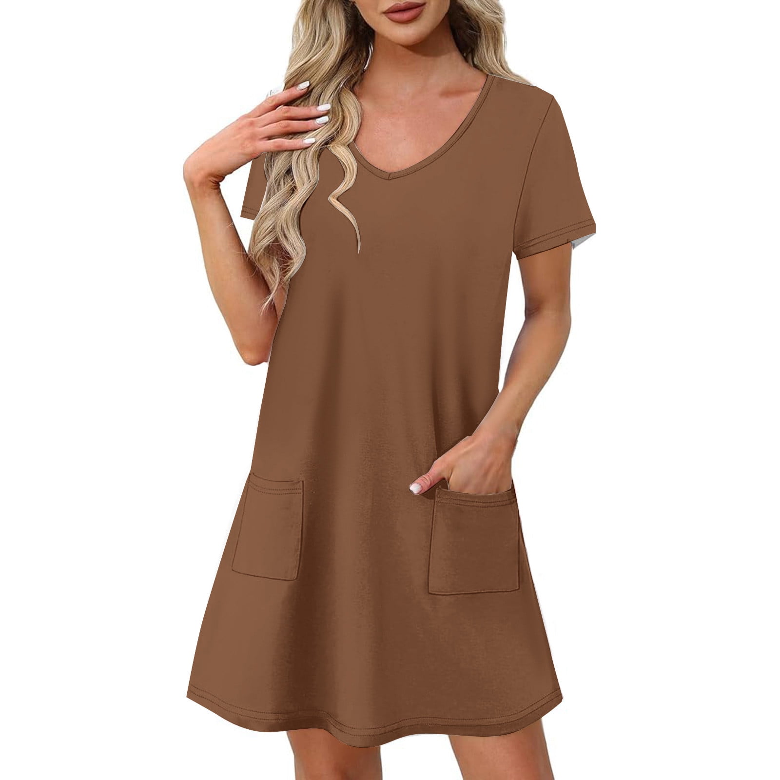 gakvbuo Summer Dress For Women Mini Dress Solid Color T-Shirt Dress A ...