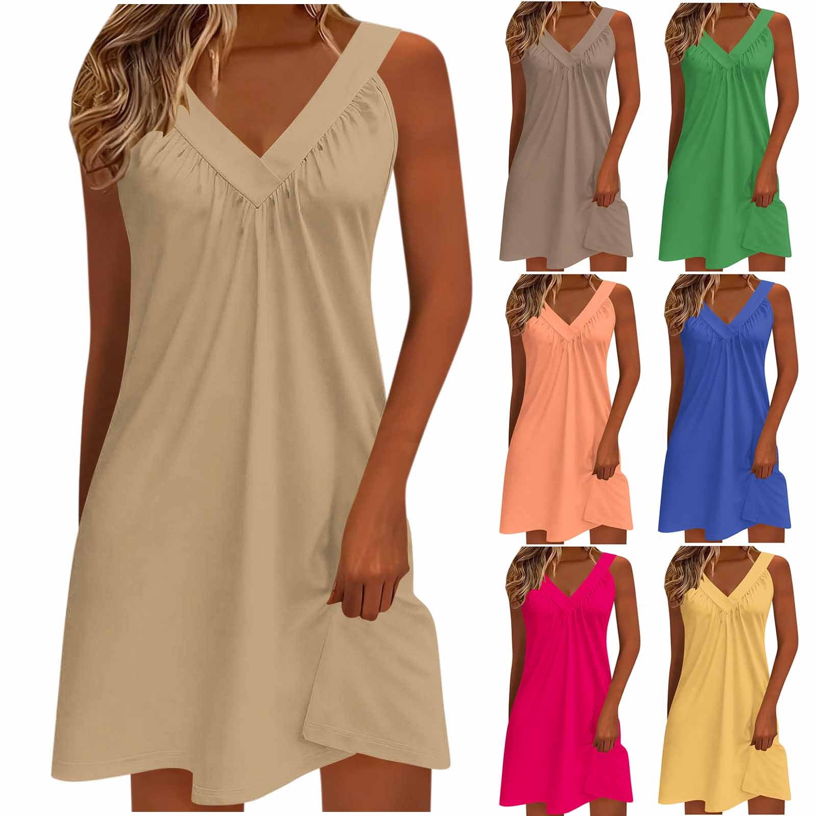 gakvbuo Summer Tank Dress For Women Mini Dress Pleated V-Neck ...