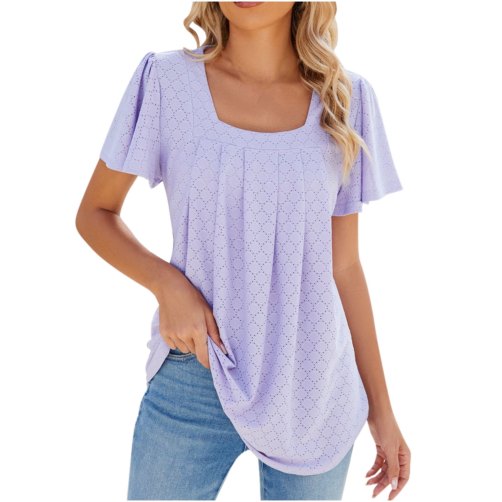 gakvbuo Summer Tunic Tops For Women 2024 Eyelet Square Neck Short ...