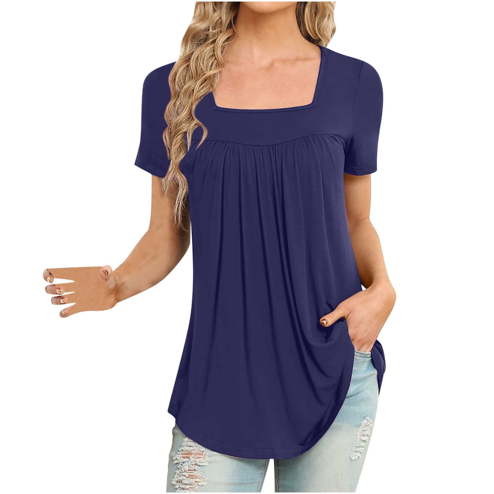 gakvbuo Summer Tunic Tops For Women Tops Short Sleeve Loose Fit Pleated Square Neck Tops Curved ...