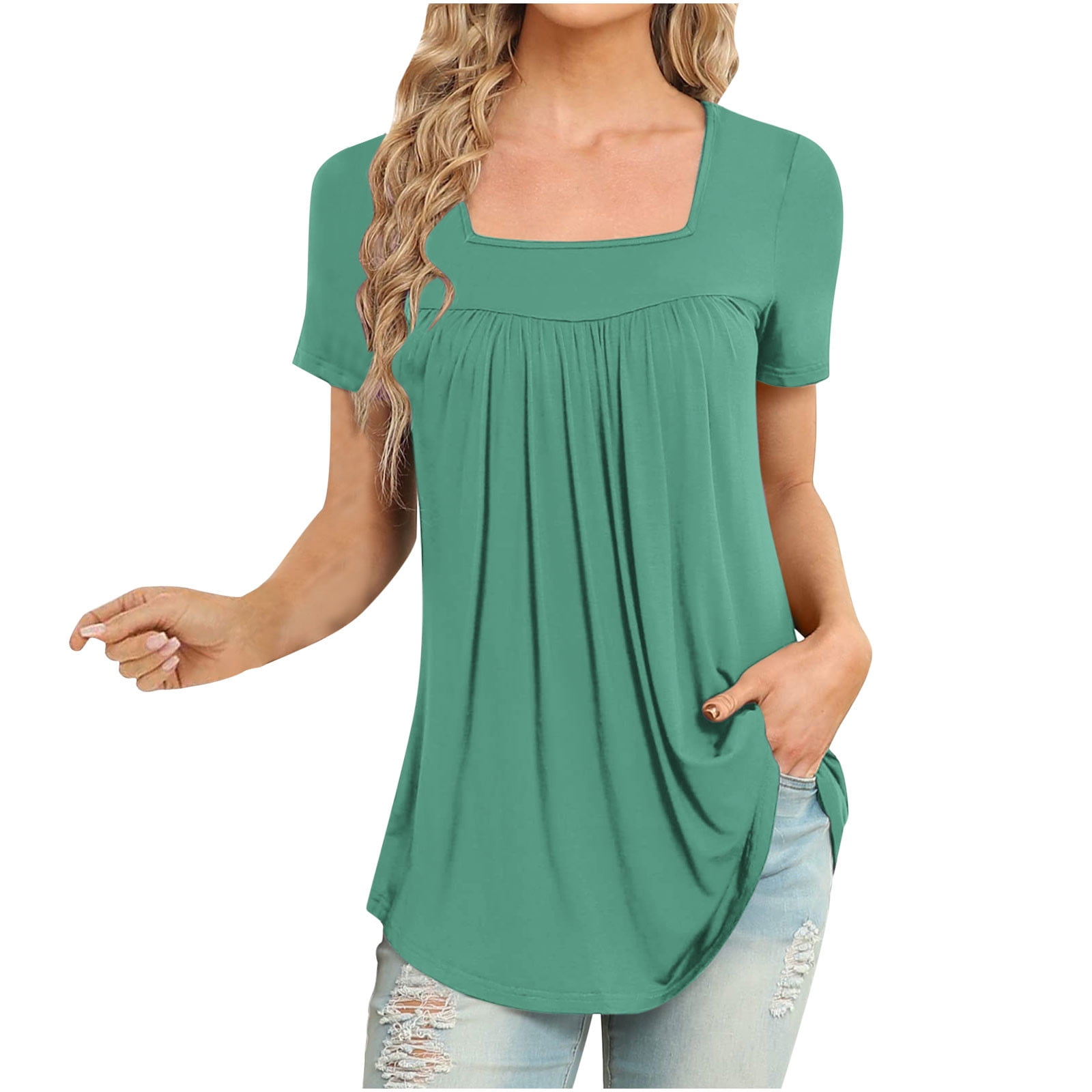 gakvbuo Summer Tunic Tops For Women Tops Short Sleeve Loose Fit Pleated ...