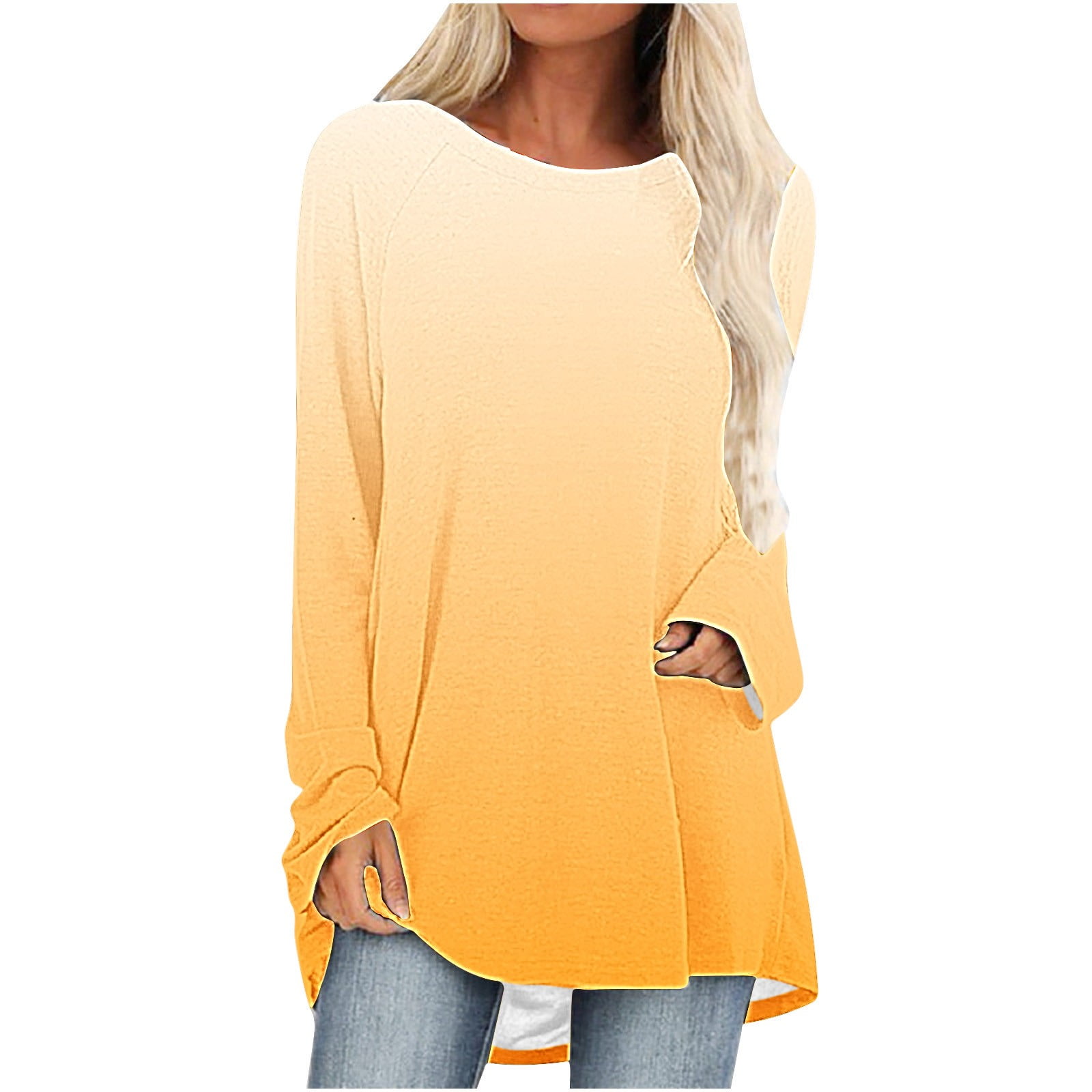 gakvbuo Tunics Tops For Women To Wear With Leggings Casual Round Neck Sweatshirt Solid Color ...
