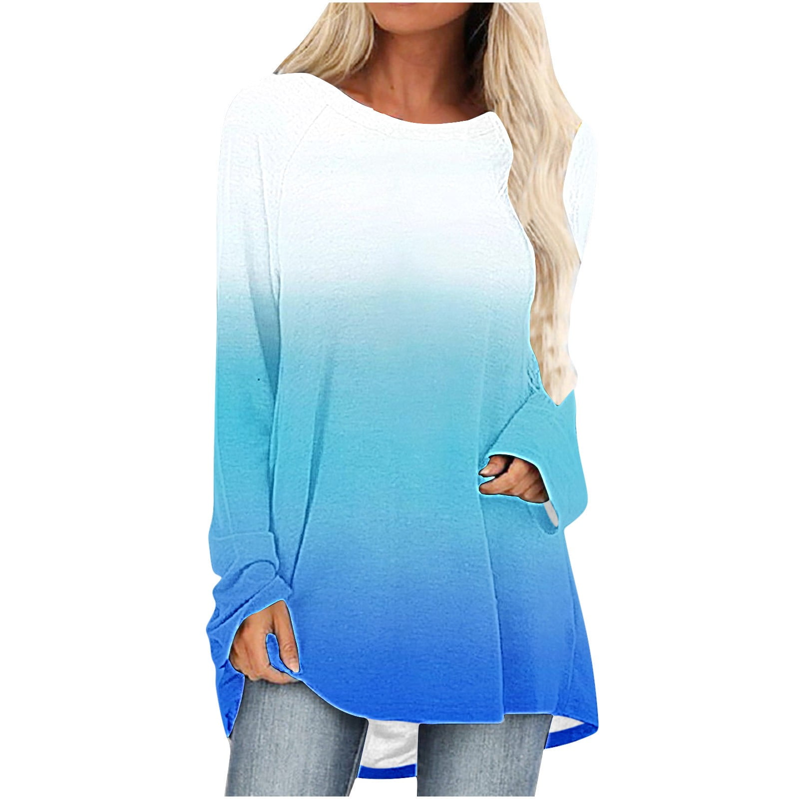 gakvbuo Tunics Tops For Women To Wear With Leggings Casual Round Neck Sweatshirt Solid Color ...