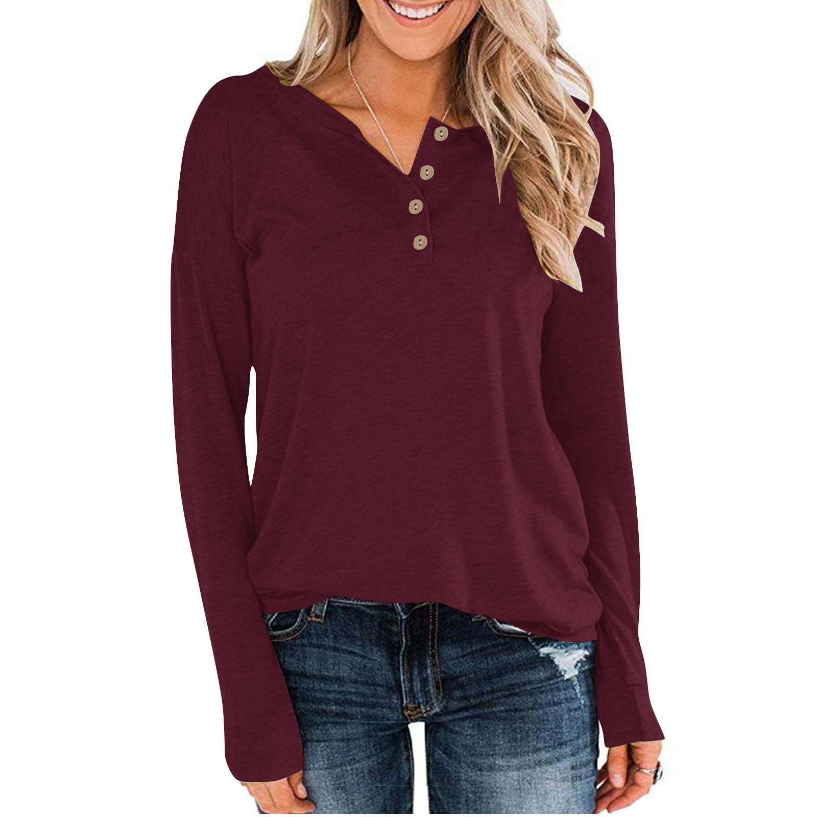 gakvov Plus Size Women's Long Sleeve Henley Tops with Buttons - Loose ...