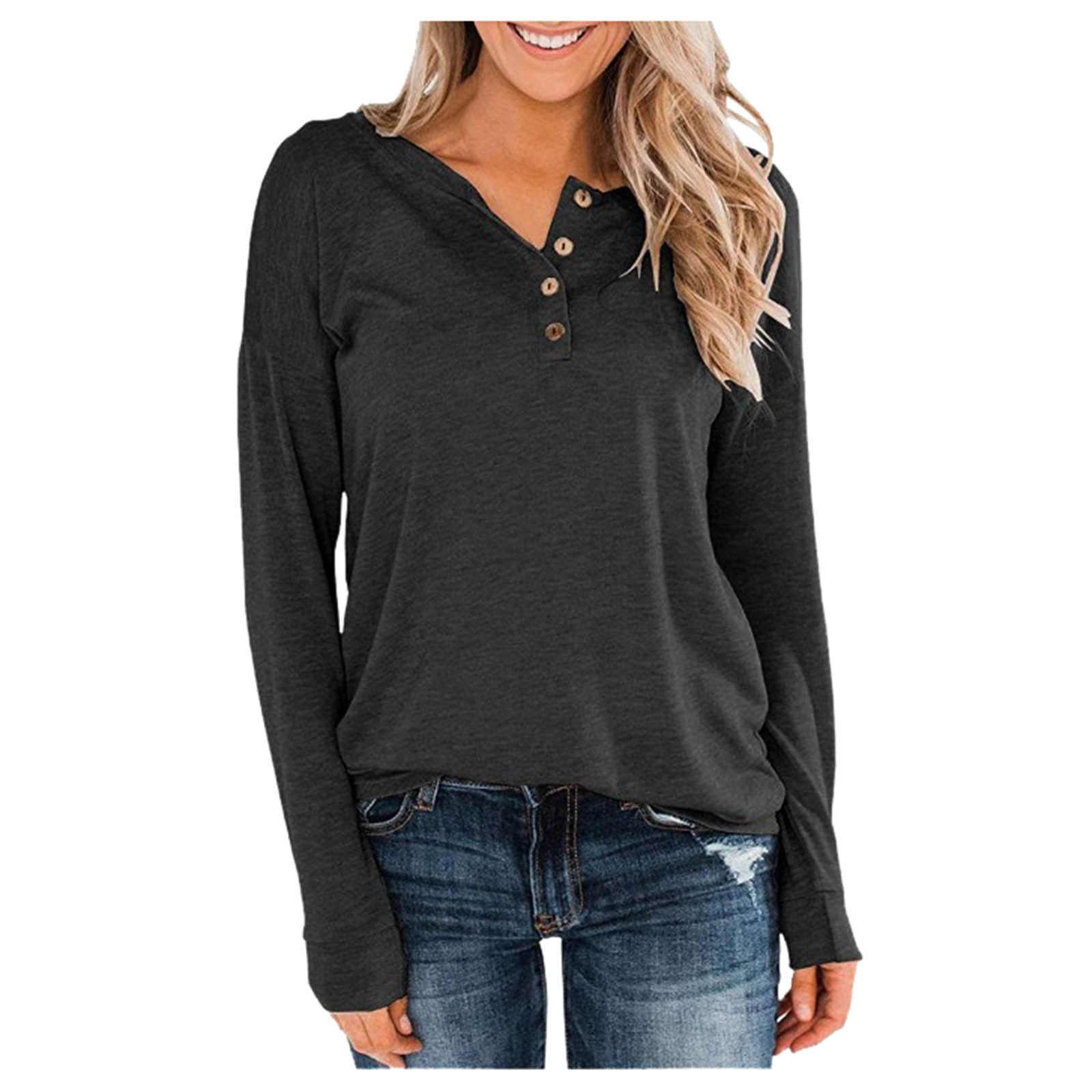 Gakvov Plus Size Women's Long Sleeve Henley Tops, V-Neck Tunics with ...