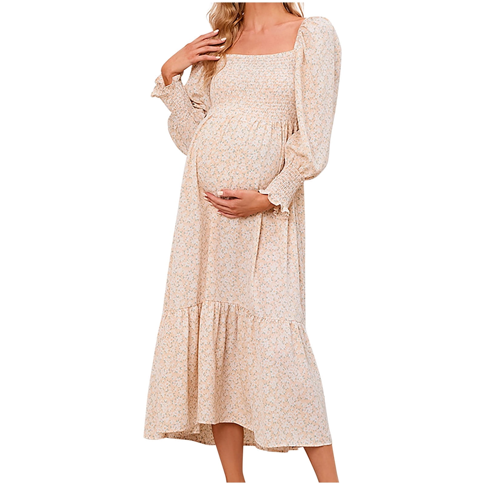 Gakvov Maternity Dress: Floral Print Chiffon, Square Collar, Long ...
