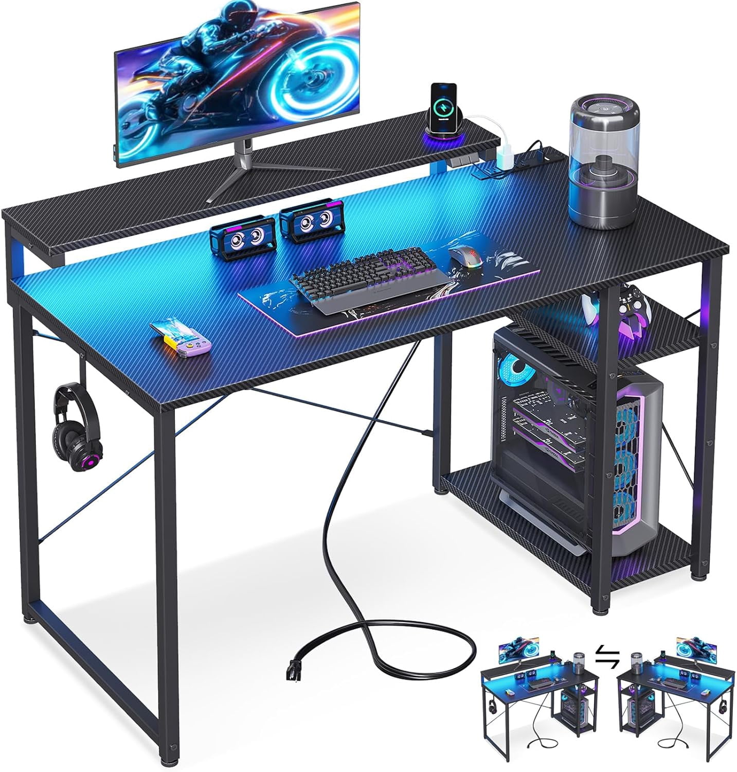 **gaming desk with led lights & power outlet, 40 inch small computer ...