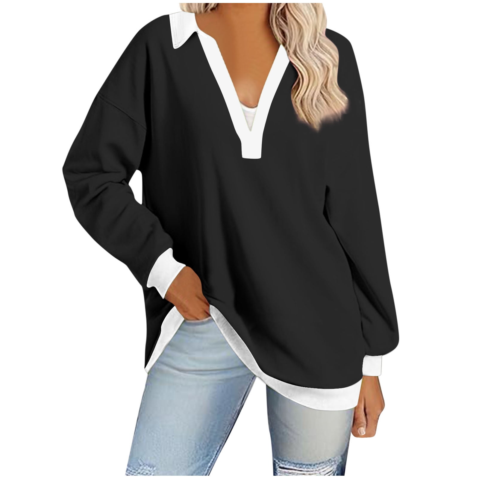 gbyLJF Color Block Sweatshirts for Women V-neck Long Sleeve Pullover ...