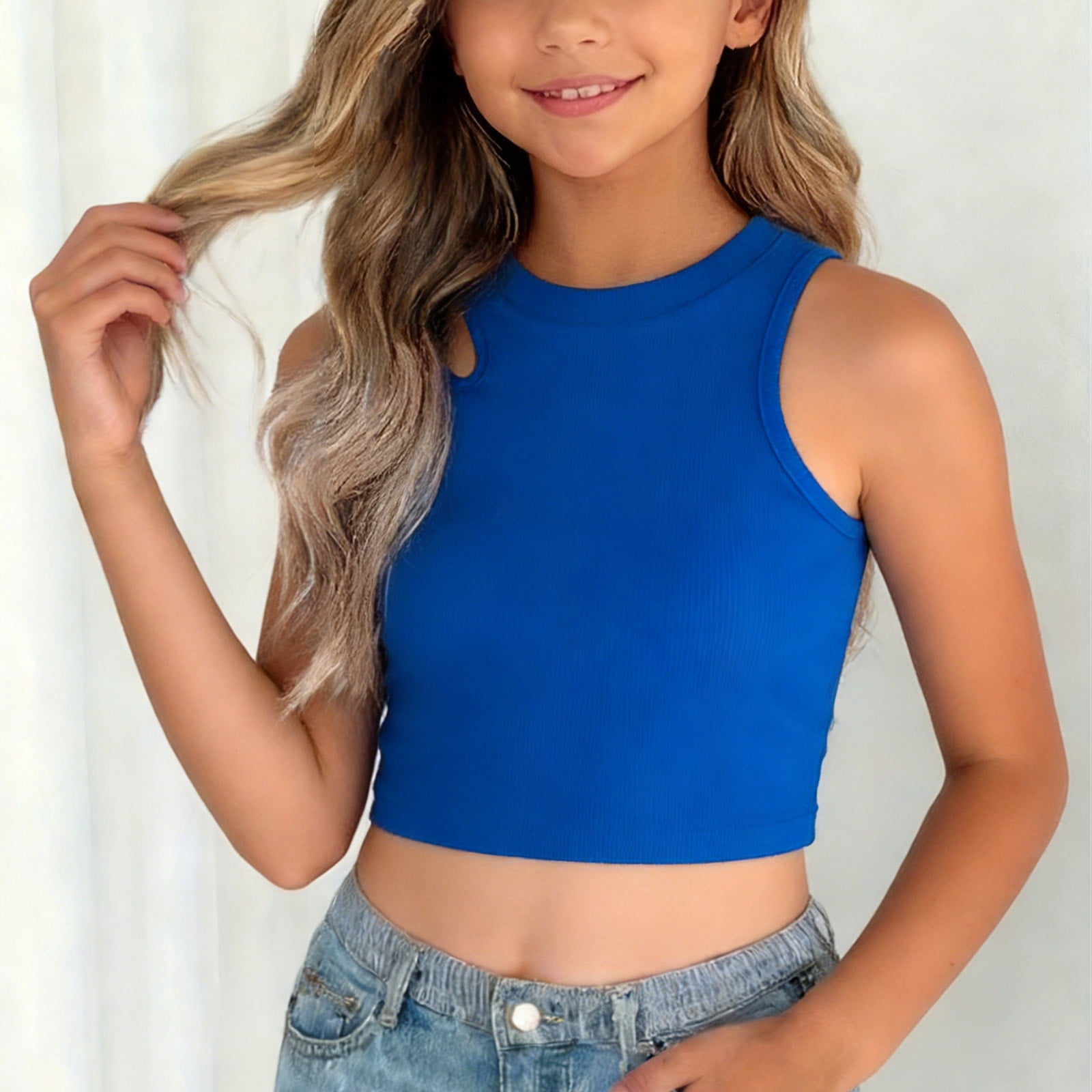 RRMuAzgs Girls Sleeveless Tee Summer Solid Color Round Neck Tank Top ...