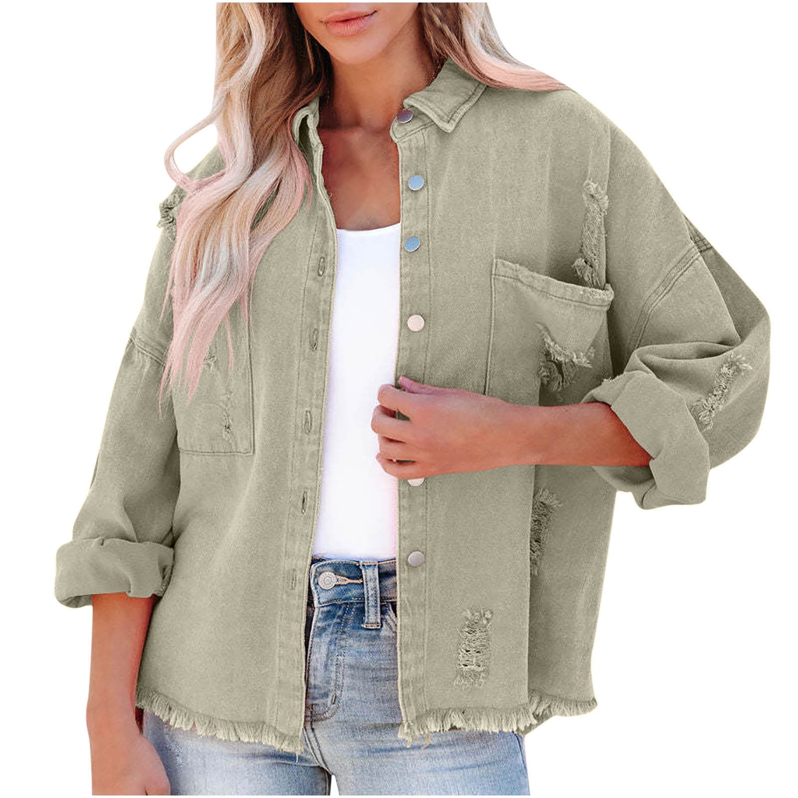 gbyLJF Jean Jacket for Women Fashion Distressed Frayed Denim Jacket ...
