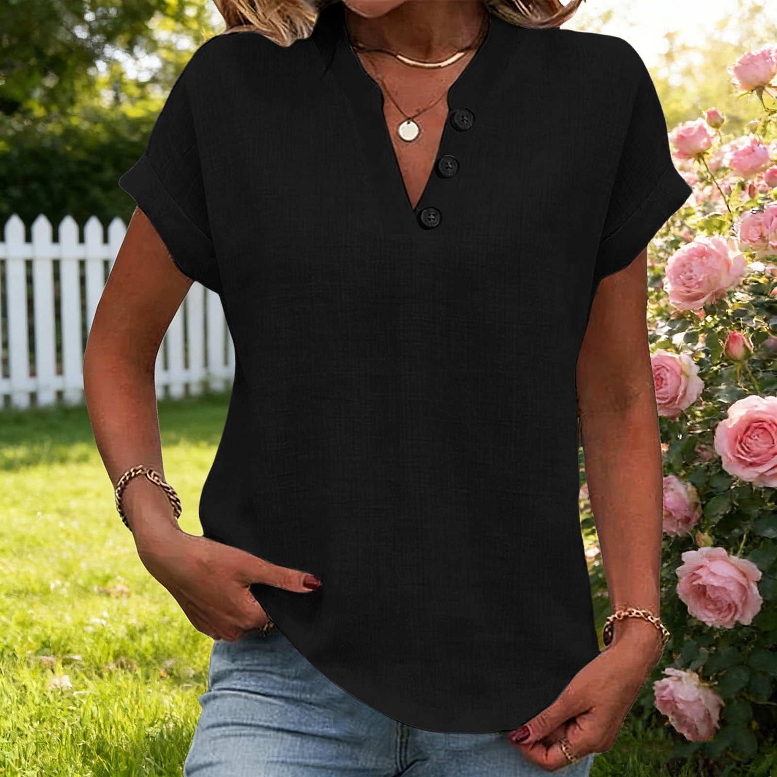 gbyLJF Linen Shirts for Women Summer Solid Color V Neck T Shirts Casual ...