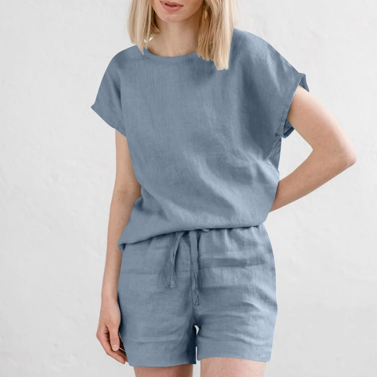 gbyLJF Linen Short Sets for Women Short Sleeve Top and Drawstring ...