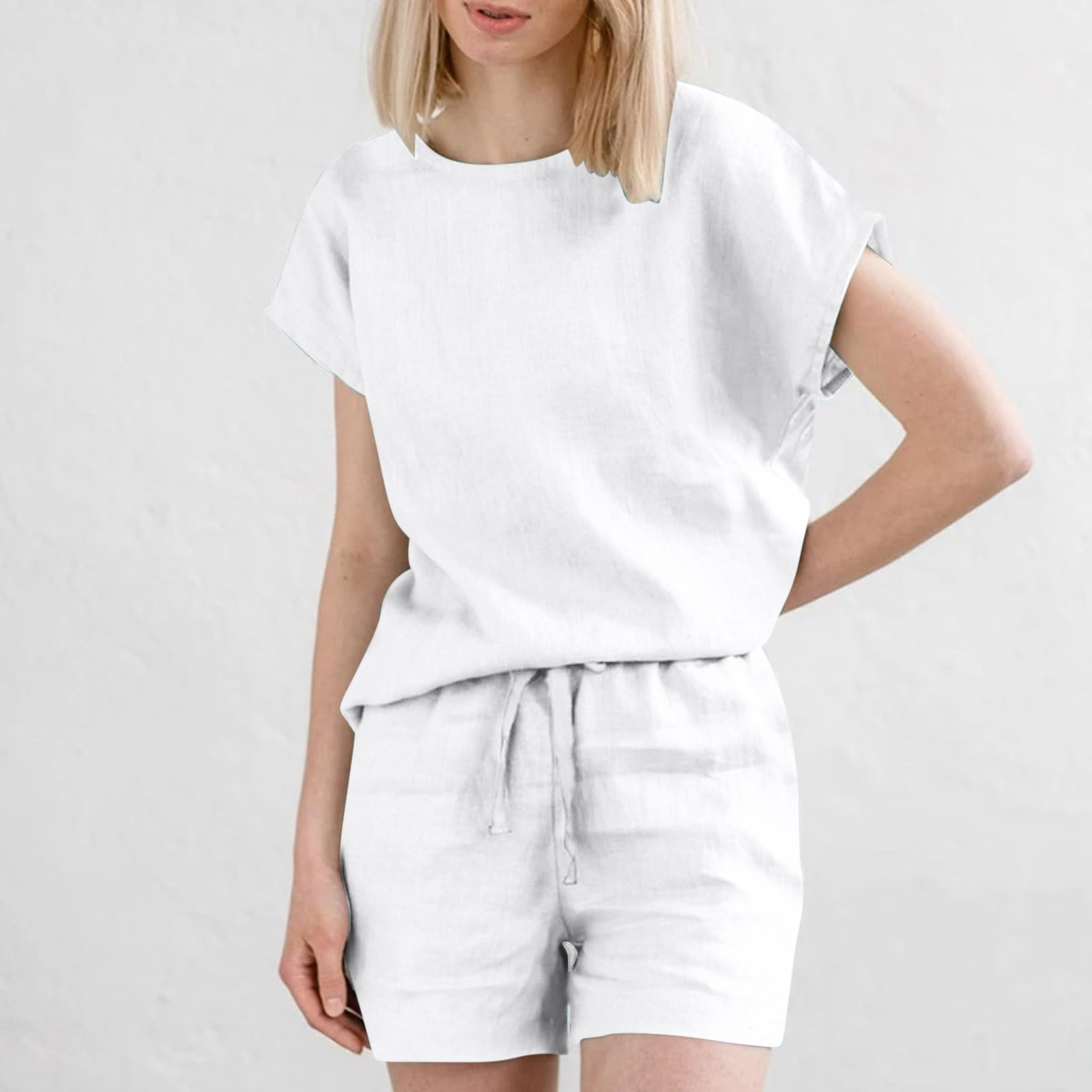 gbyLJF Linen Short Sets for Women Short Sleeve Top and Drawstring ...