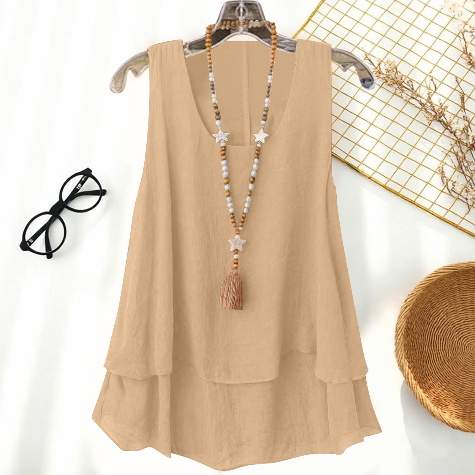 gbyLJF Linen Sleeveless Shirts for Women Solid Color Beach Vacation ...