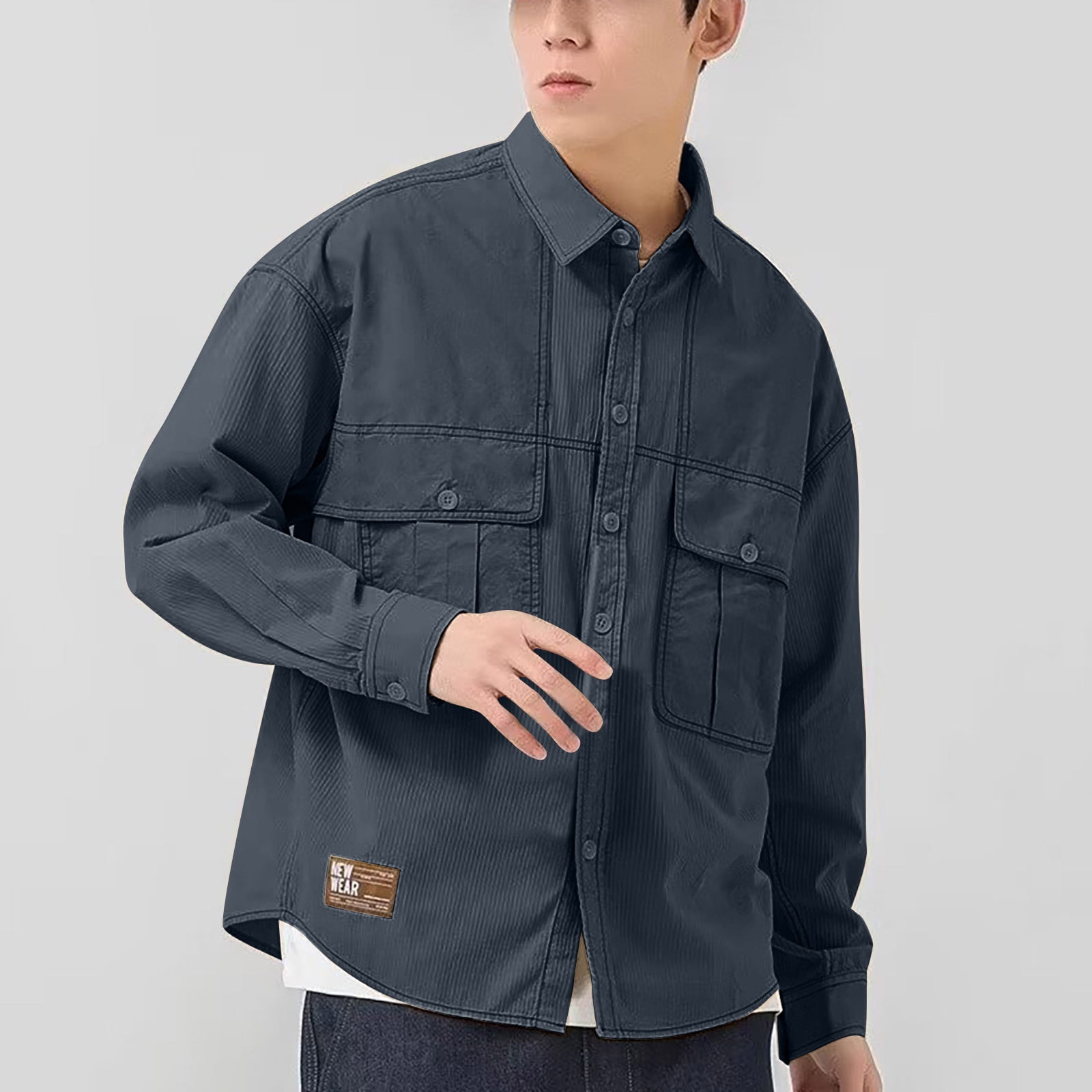 gbyLJF Men's Button Down Jacket Lightweight Solid Color Pocket Top Long ...