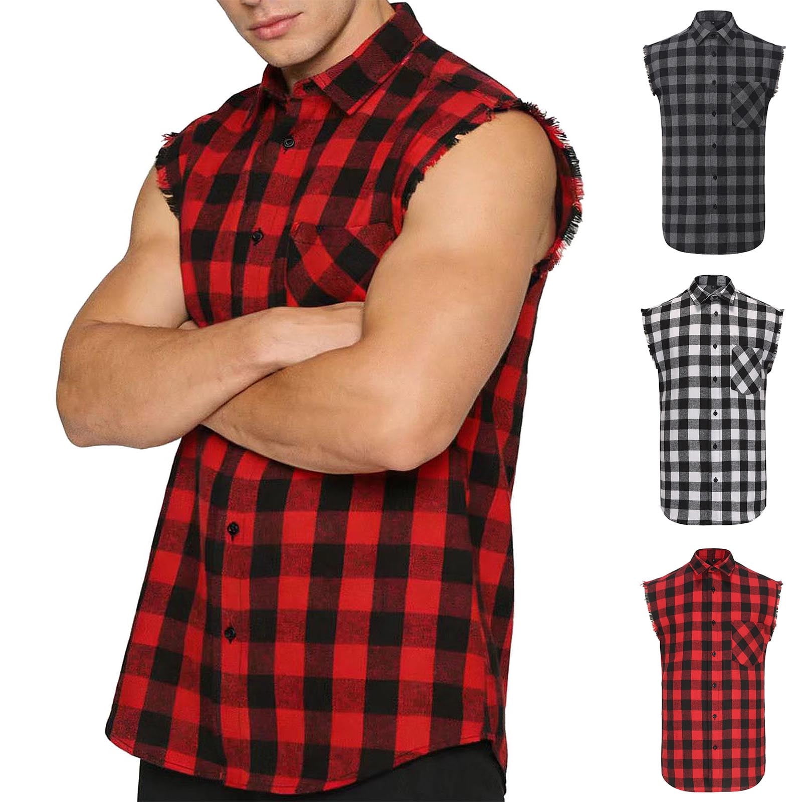 gbyLJF Men's Casual Plaid Shirt Button Down Lapel Sleeveless Vest Tee ...