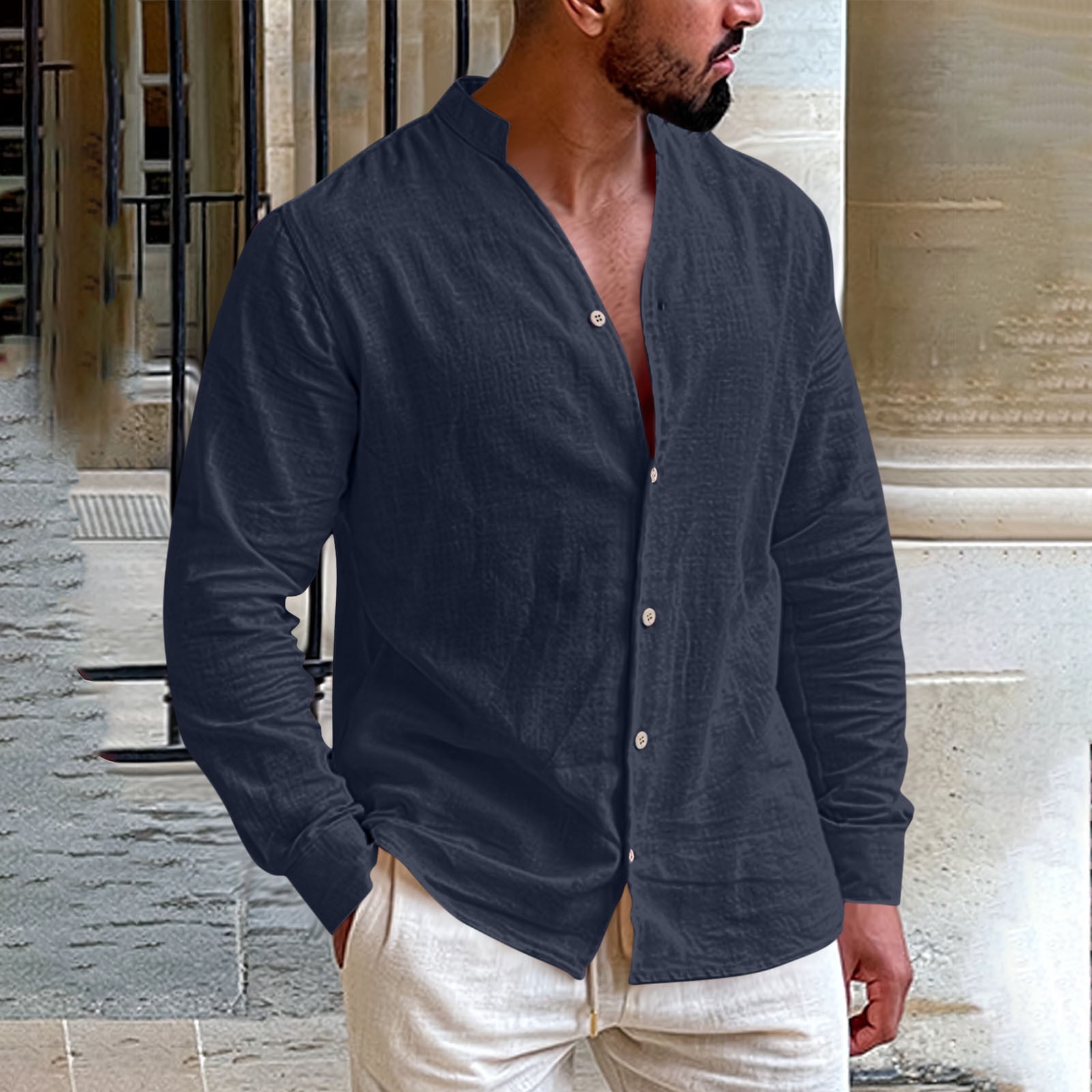 gbyLJF Men's Cotton Linen Long Sleeve Shirts Spring Casual Solid Color ...