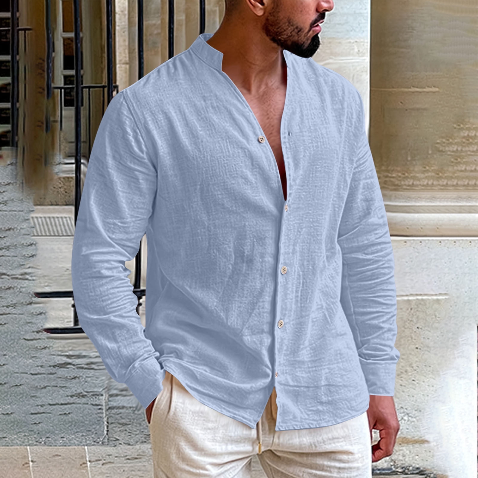 gbyLJF Men's Cotton Linen Long Sleeve Shirts Spring Casual Solid Color ...