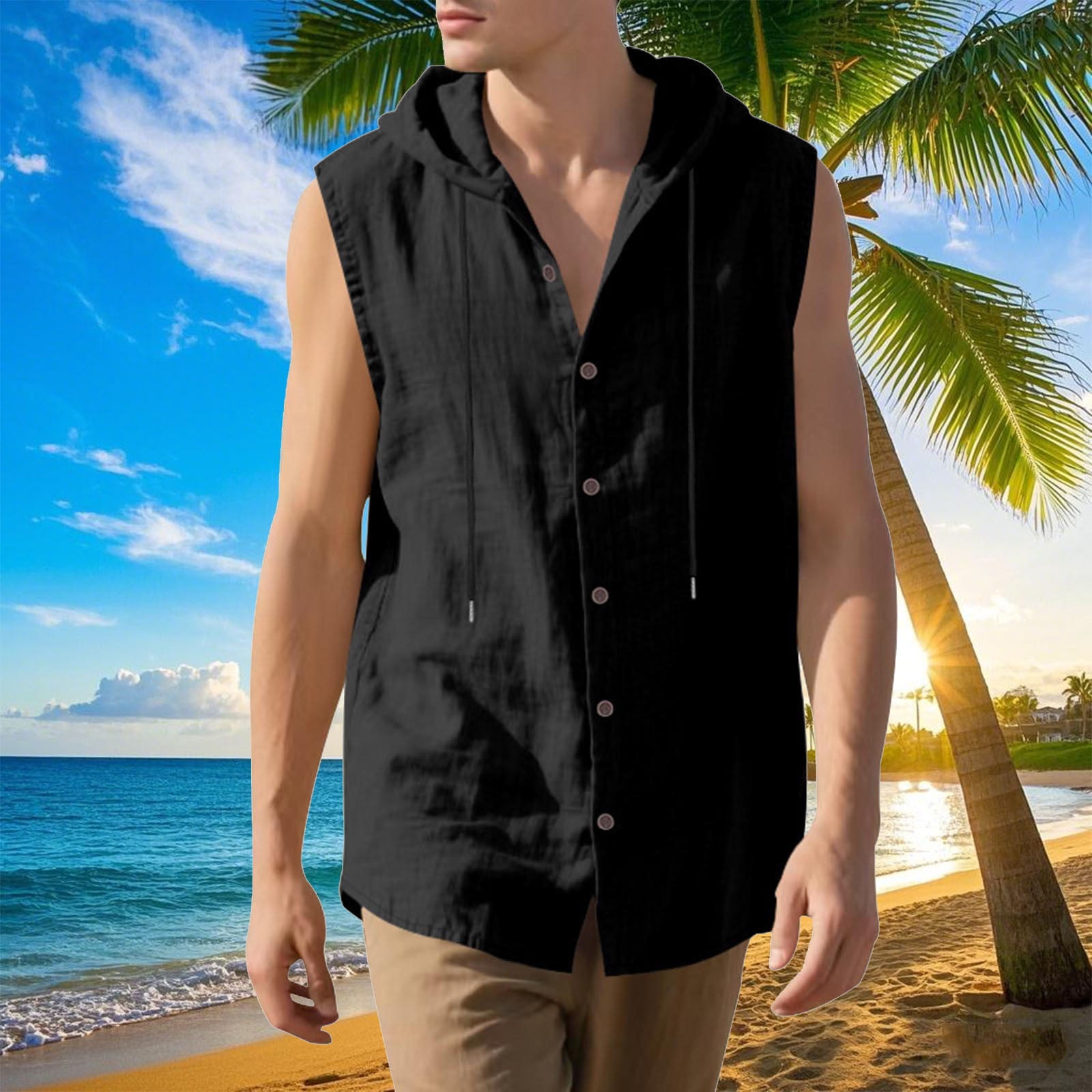 gbyLJF Men's Cotton Linen Shirts Sleeveless Casual Open Front ...